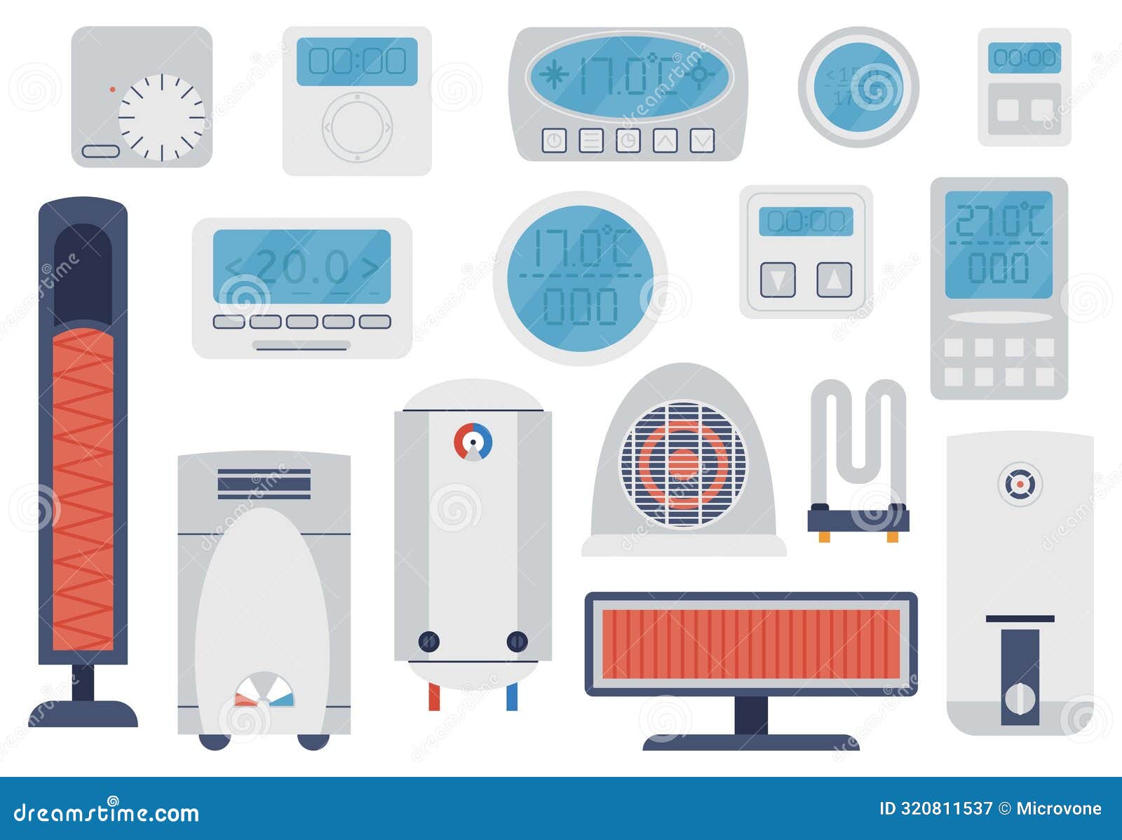Cartoon Thermostat and Heating Systems. Flat Radiator Icons, Cooling ...