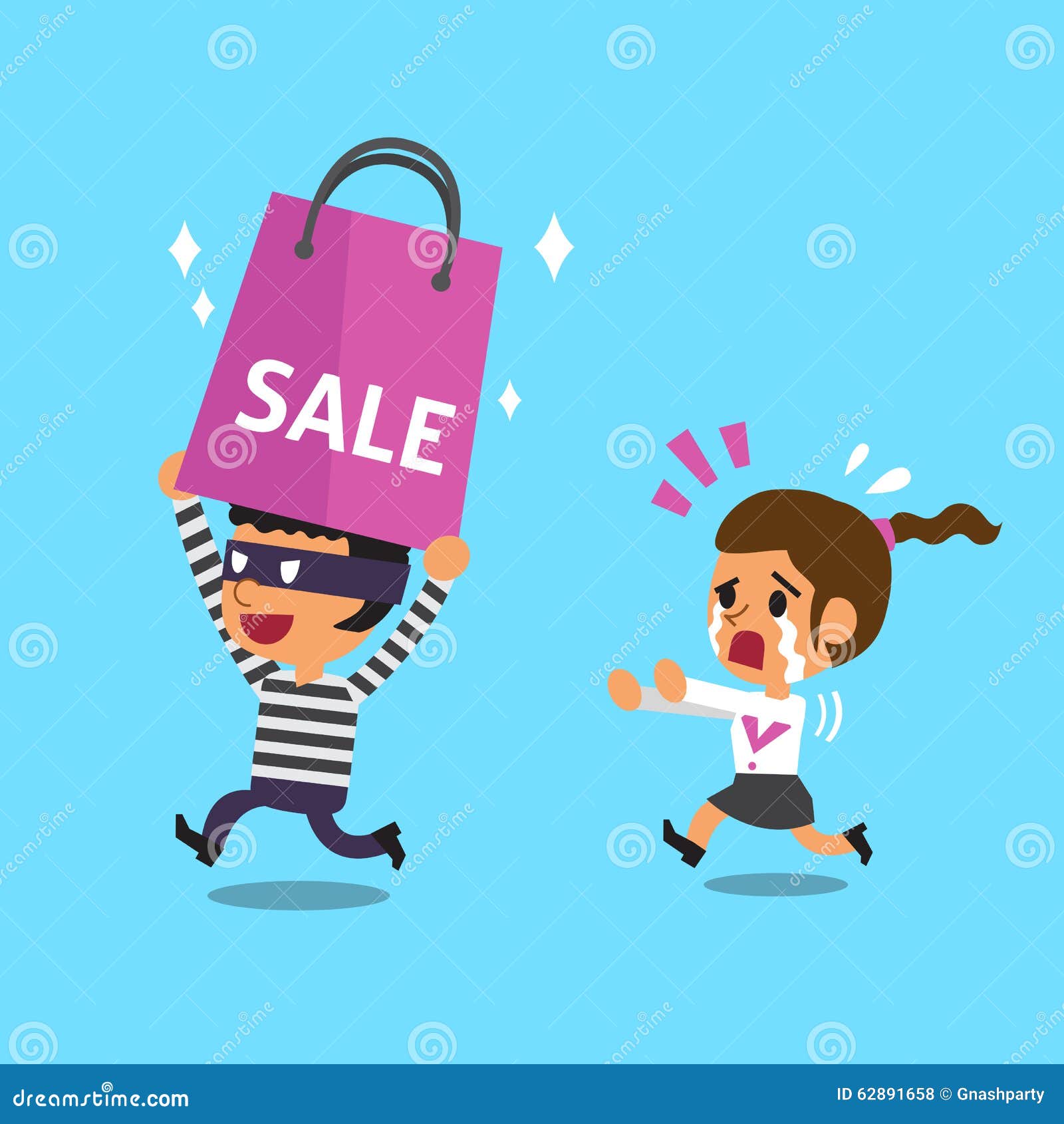 Cartoon Thief Stealing A Big Shopping Bag From Woman Stock Vector