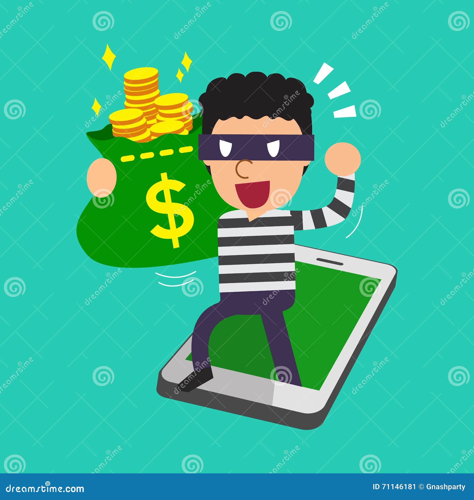 Cartoon Thief Stealing Money Bag from Smartphone Stock Vector ...