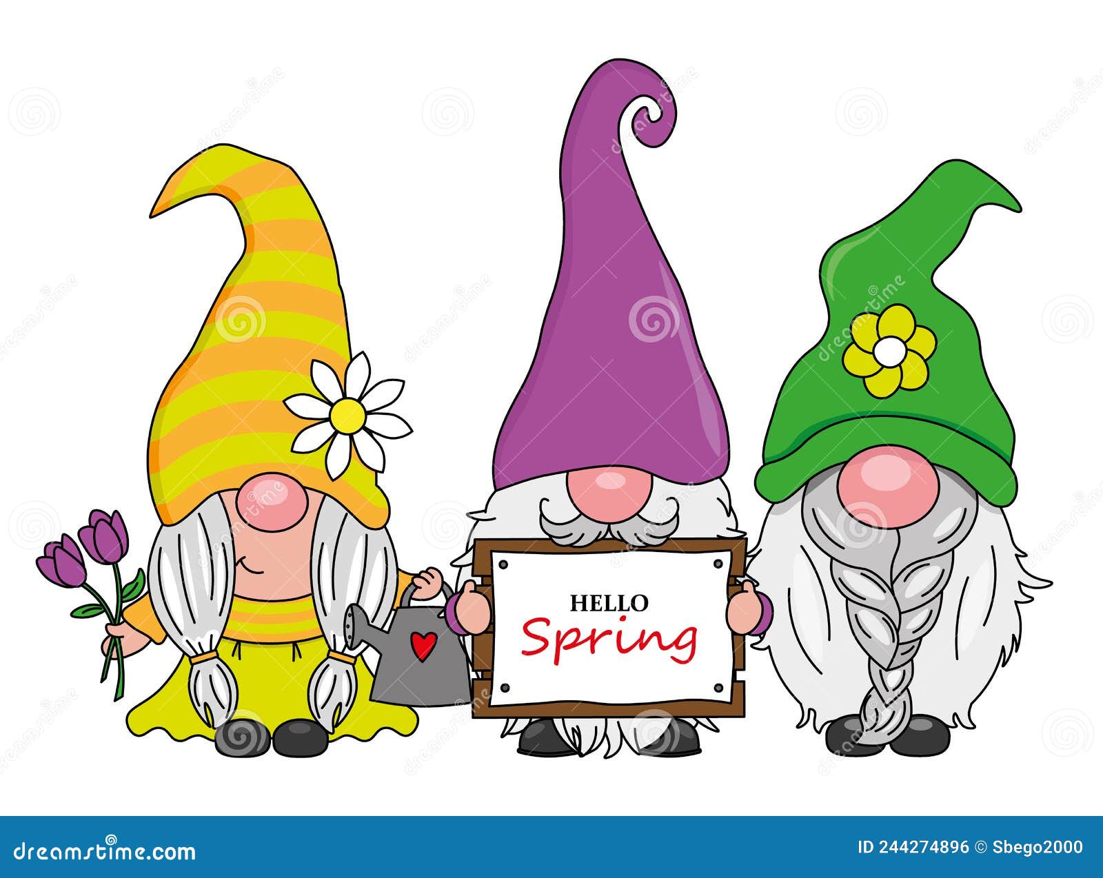 Cartoon Three Gnomes with Flowers and Hello Spring Sign Stock Vector ...
