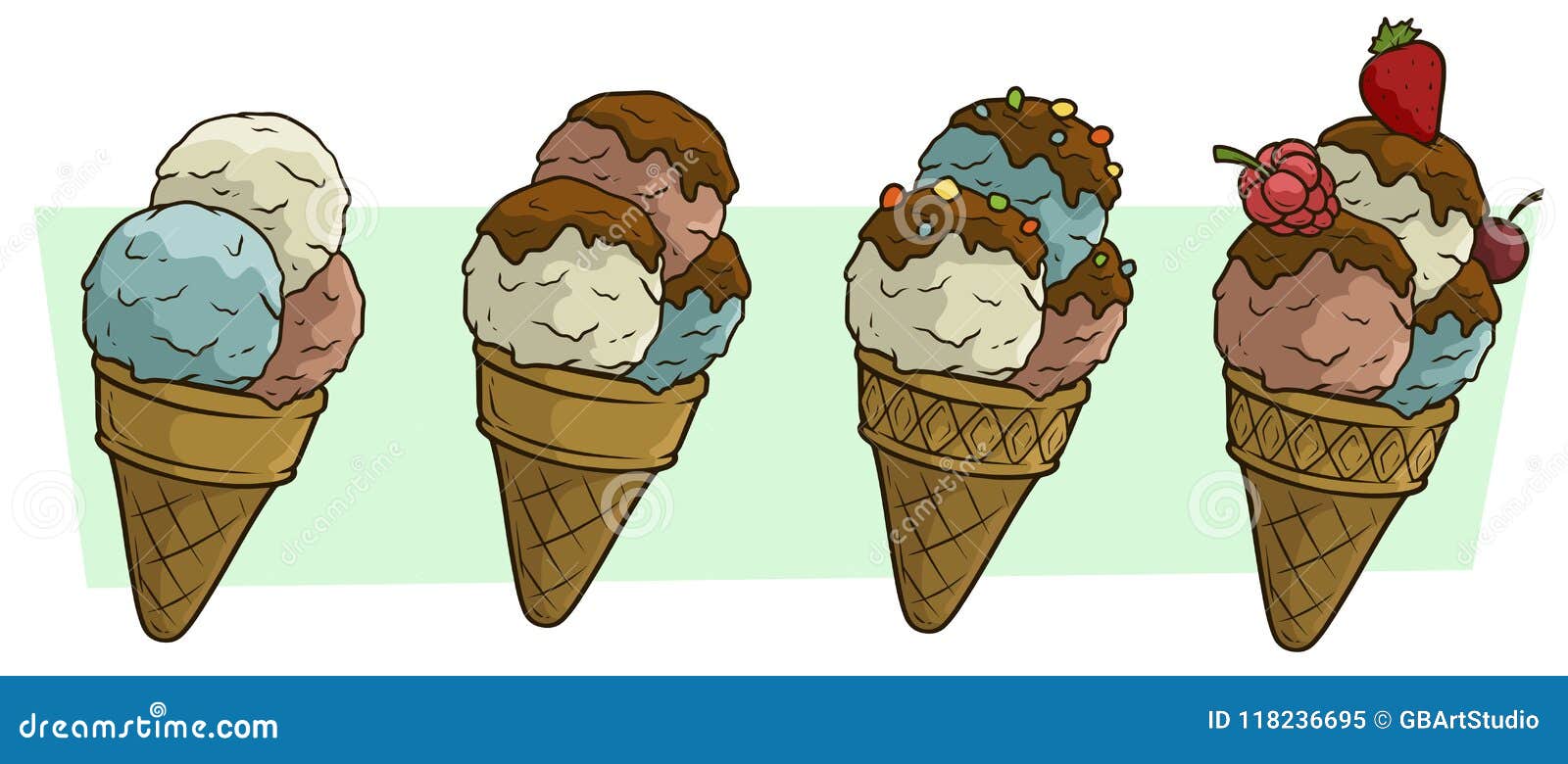 Cartoon Three Ice Cream Balls In Waffle Cone Stock Vector