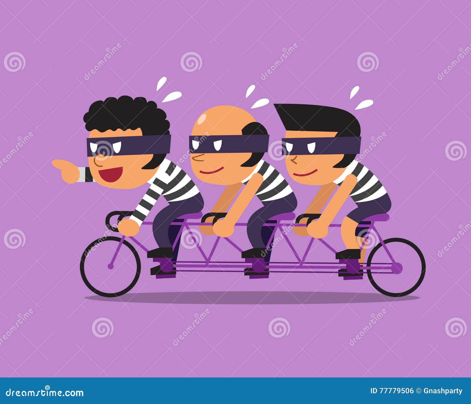 Cartoon Three Thieves Ride Tandem Bicycle Vector Illustration ...