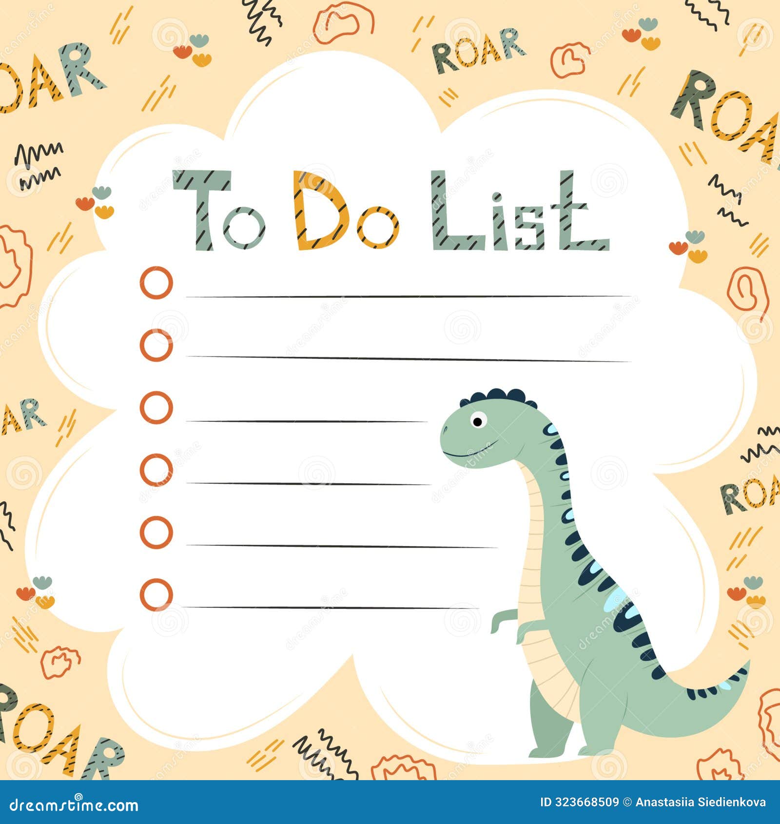 Cartoon To Do List Template with Adorable Dinosaur Illustration. Stock ...