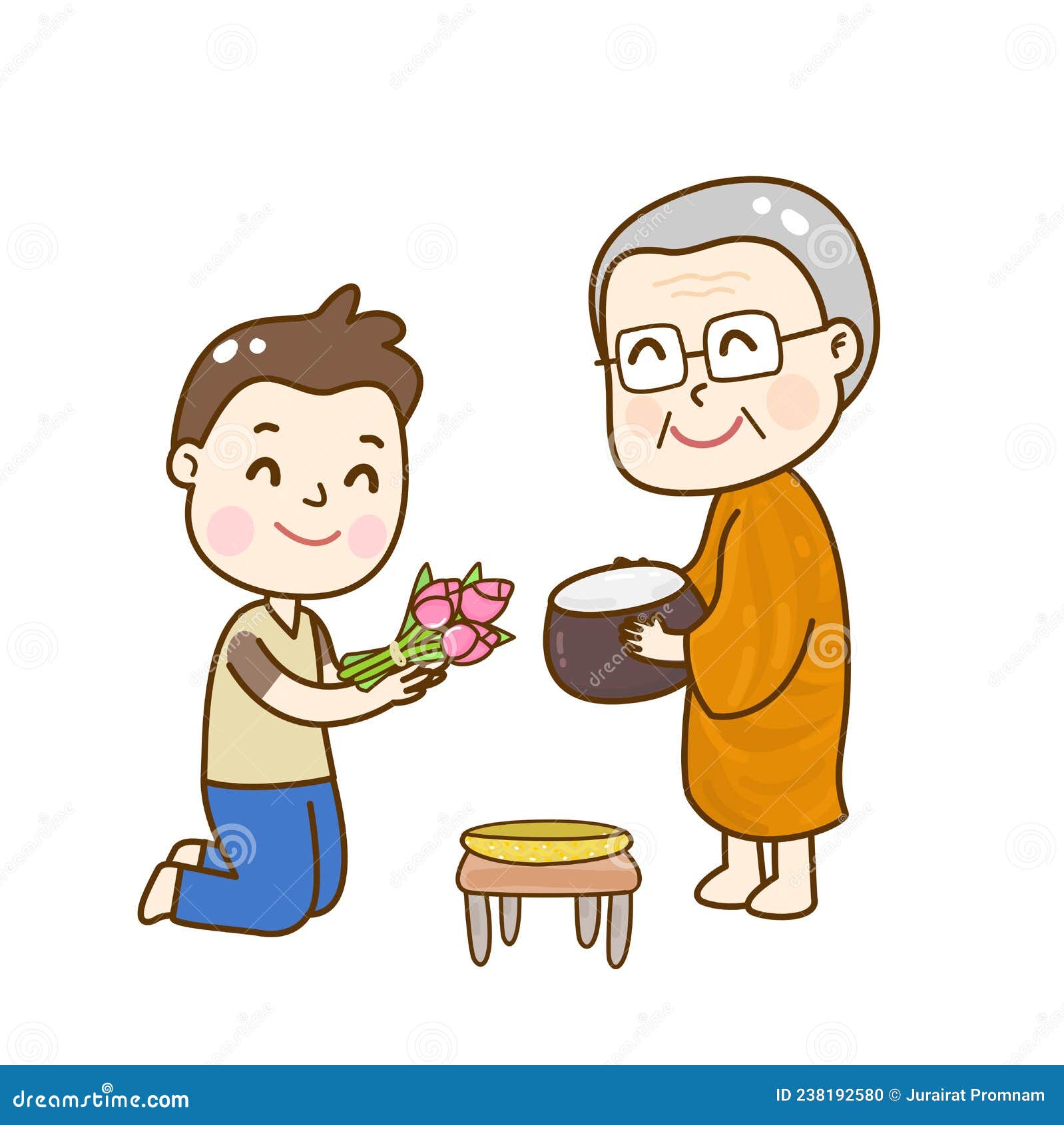 Cartoon To Make Merit To Monk. Stock Vector - Illustration of buddha ...