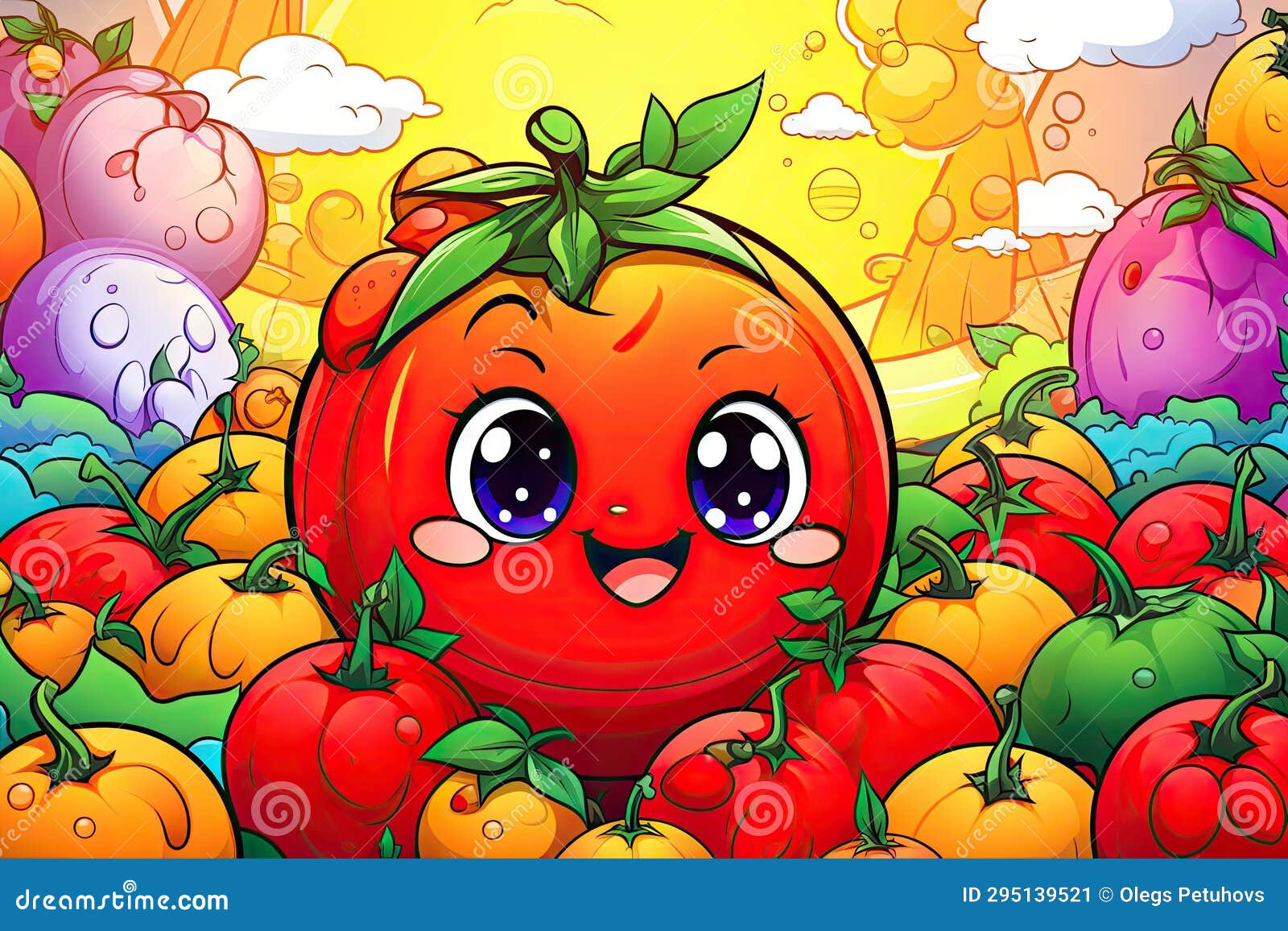 A Cartoon Tomato Surrounded by Lots of Tomatoes and Oranges. Generative ...