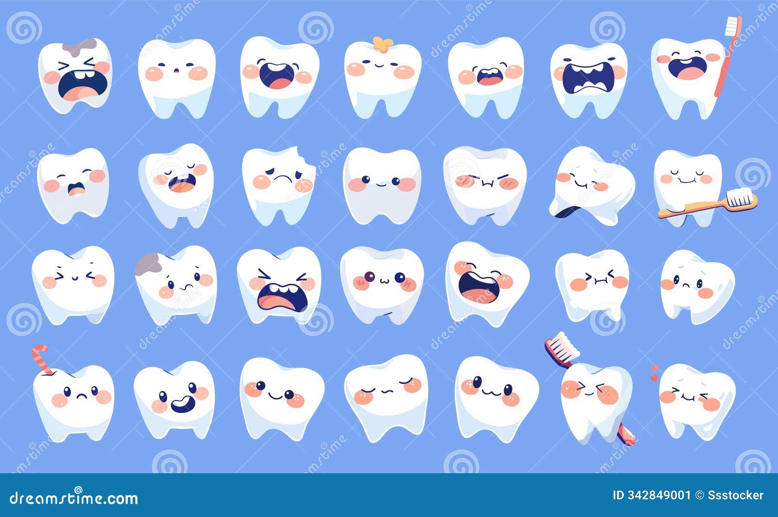 Cartoon Tooth Character Set Cute Dental Care Mascot With Brush Funny