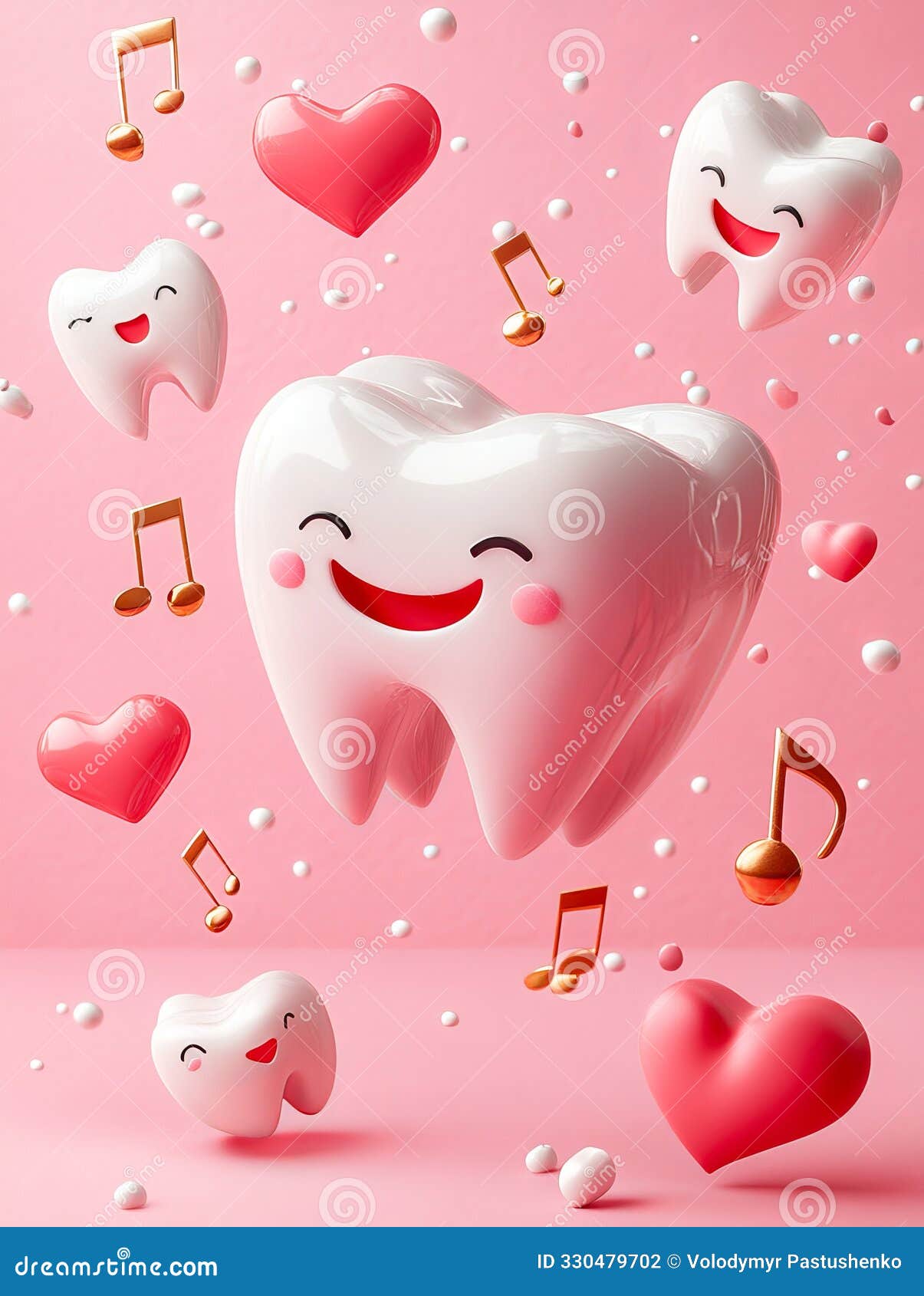 A Cartoon Tooth with Music Notes and Hearts Flying Around it Stock ...