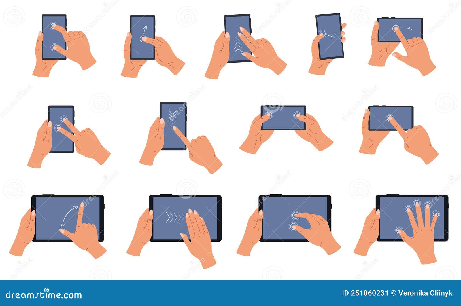 Cartoon Touchscreen Hand Gestures, Human Hands on Smartphone and Tablet ...