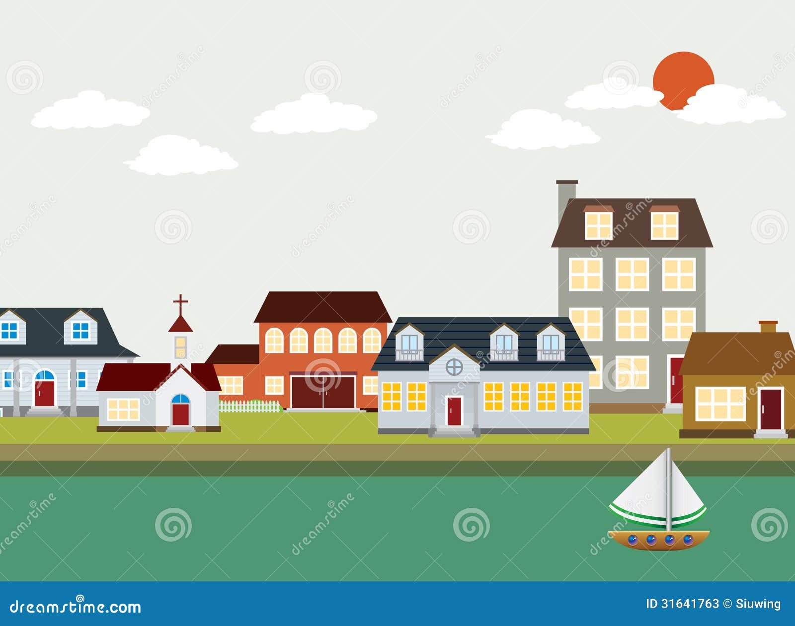 Cartoon Town - Vector Landscape Stock Vector - Illustration of ship ...