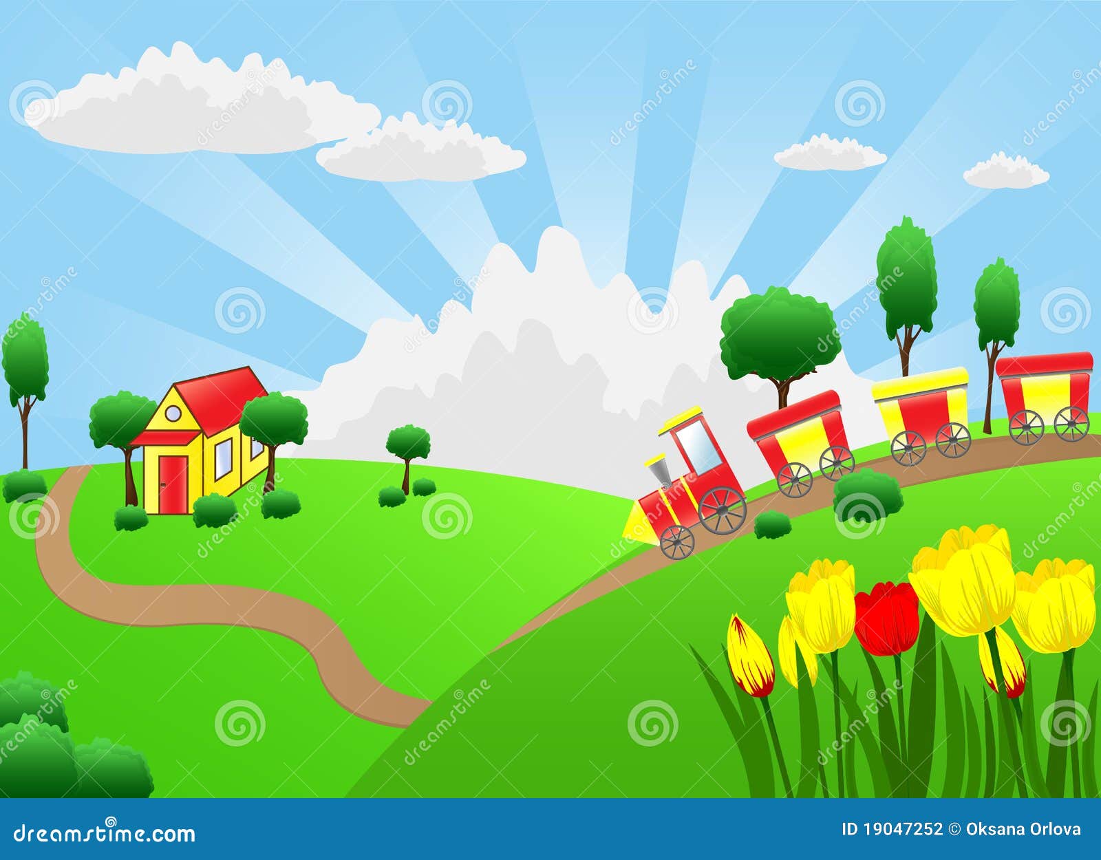 Cartoon train stock illustration. Image of trees, engine - 19047252