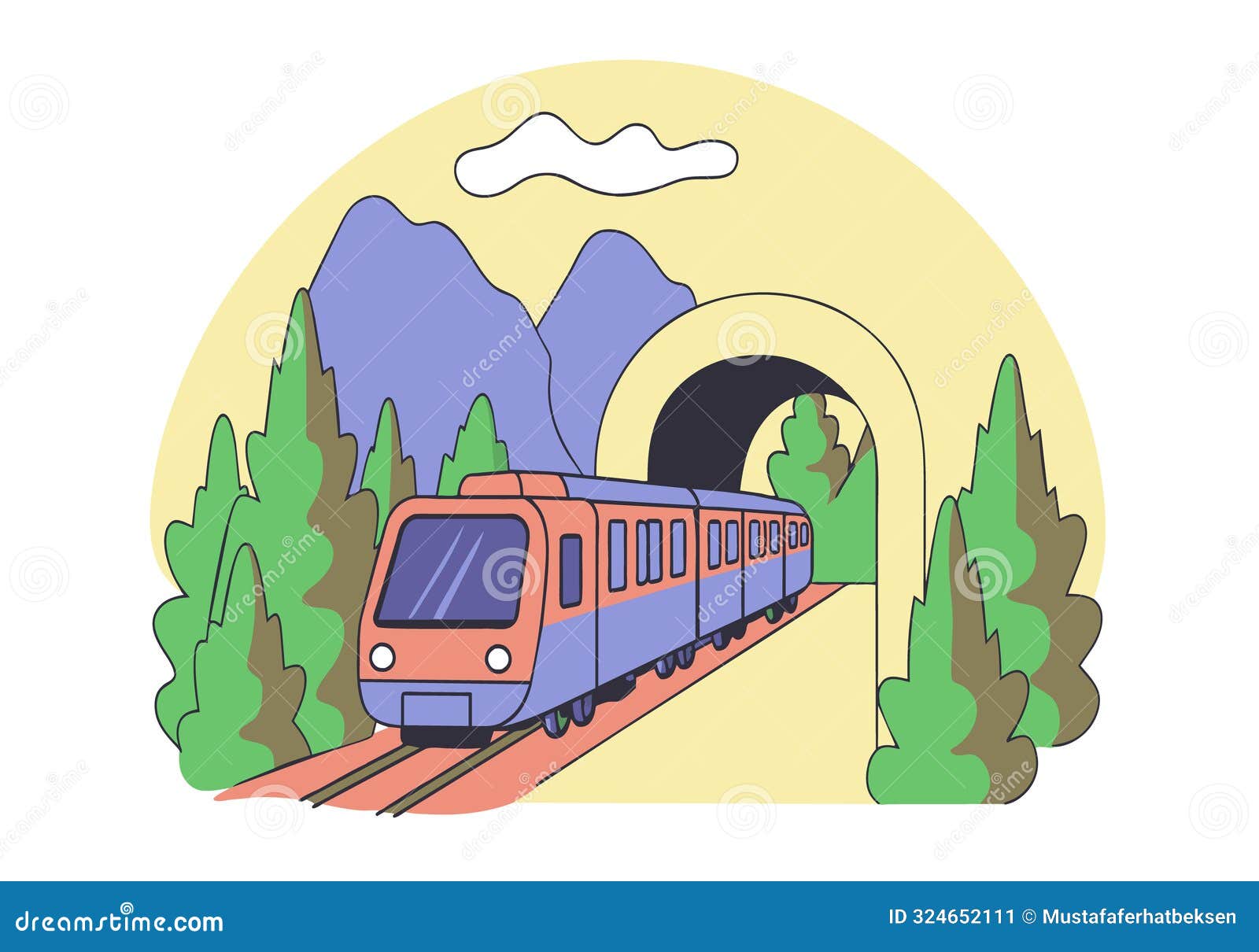 A Cartoon Train is Going through a Tunnel in the Mountains Stock ...