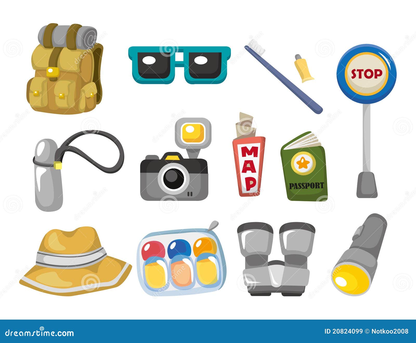 Cartoon Set Of Travel Equipment Isolated On White Background ...