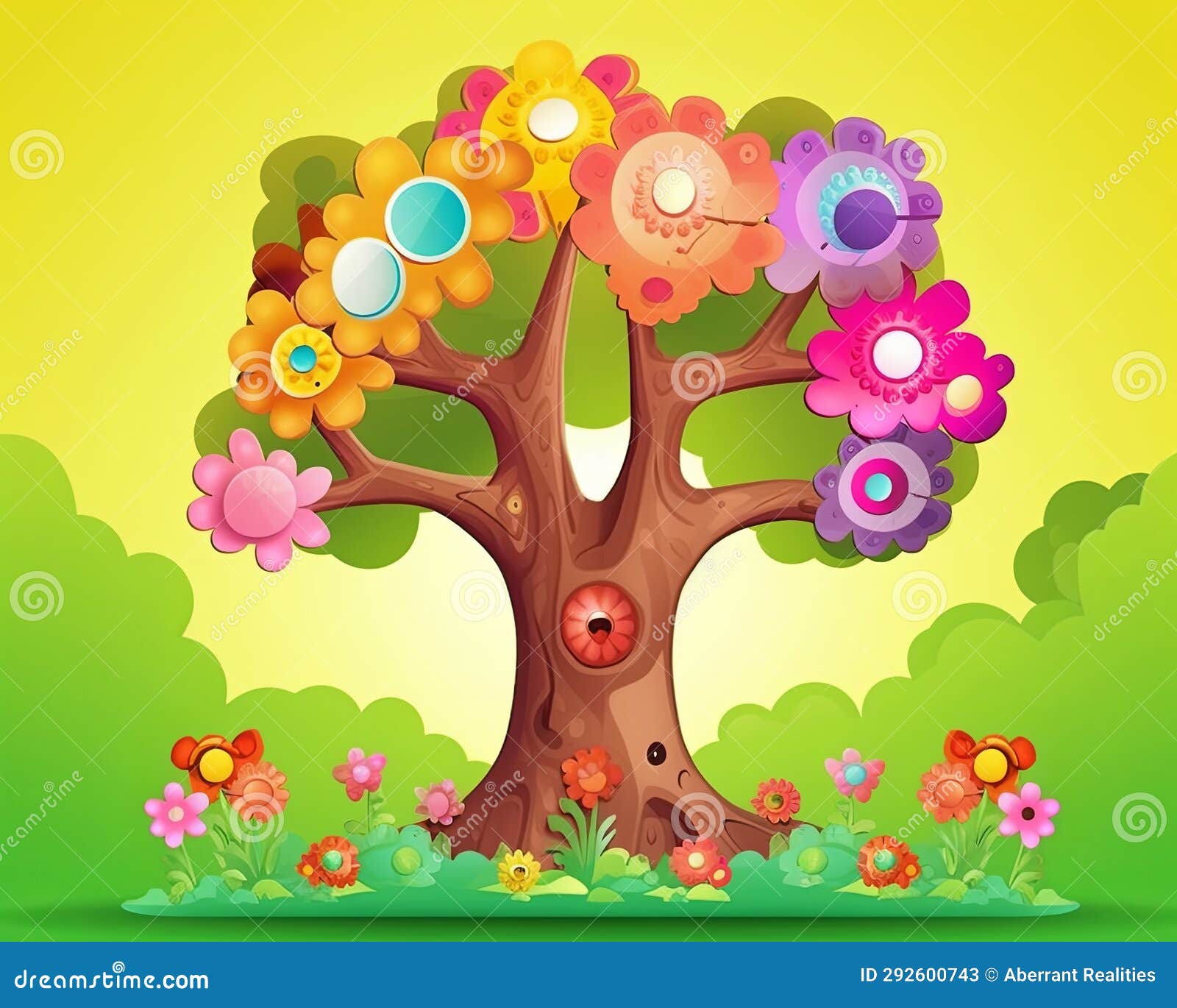 A Cartoon Tree with Colorful Flowers on it Stock Illustration ...