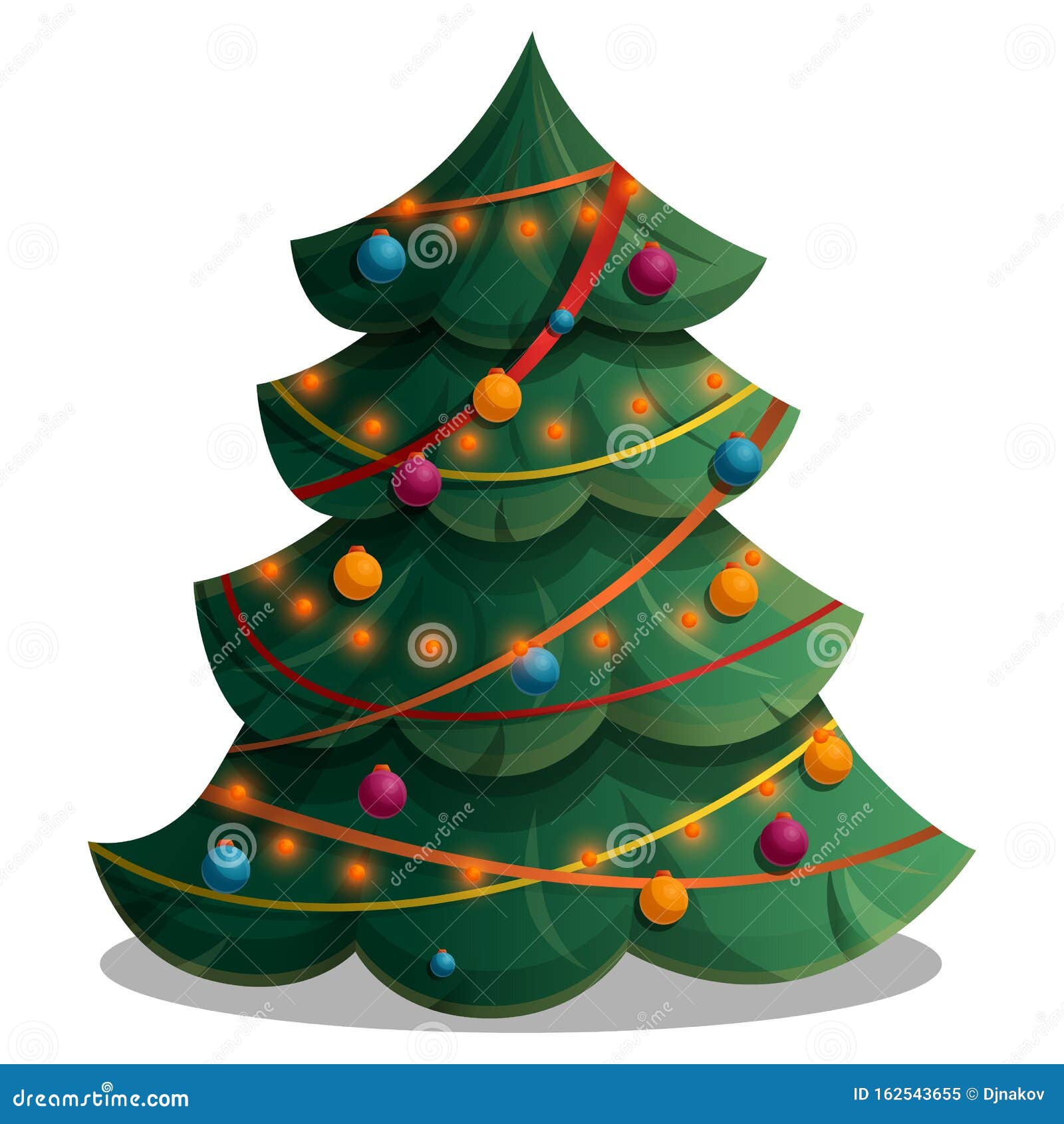 Cartoon Tree Decorated with Lights and Decorations Stock Illustration ...