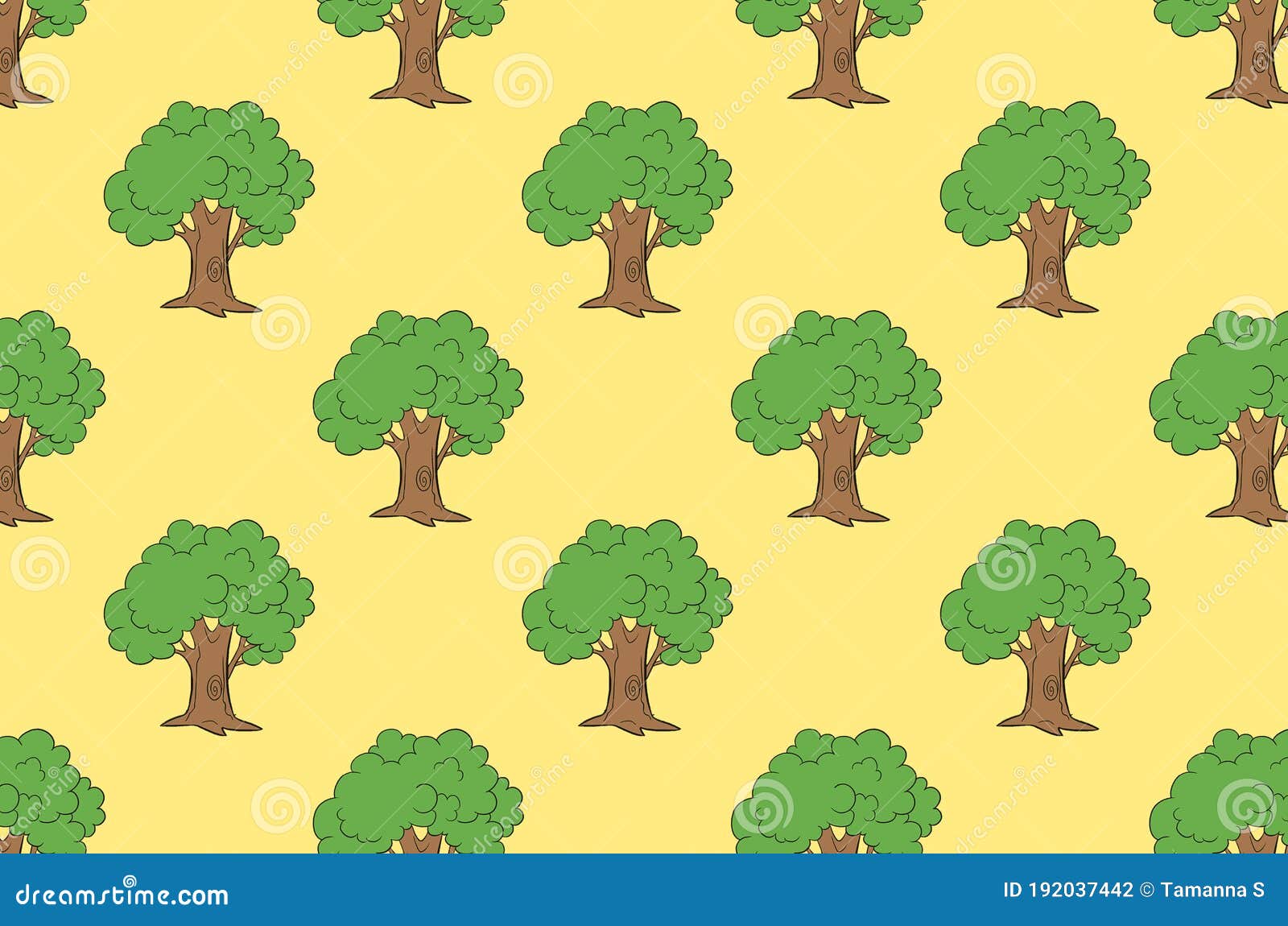Cartoon Tree Pattern on Yellow Background. Stock Illustration ...