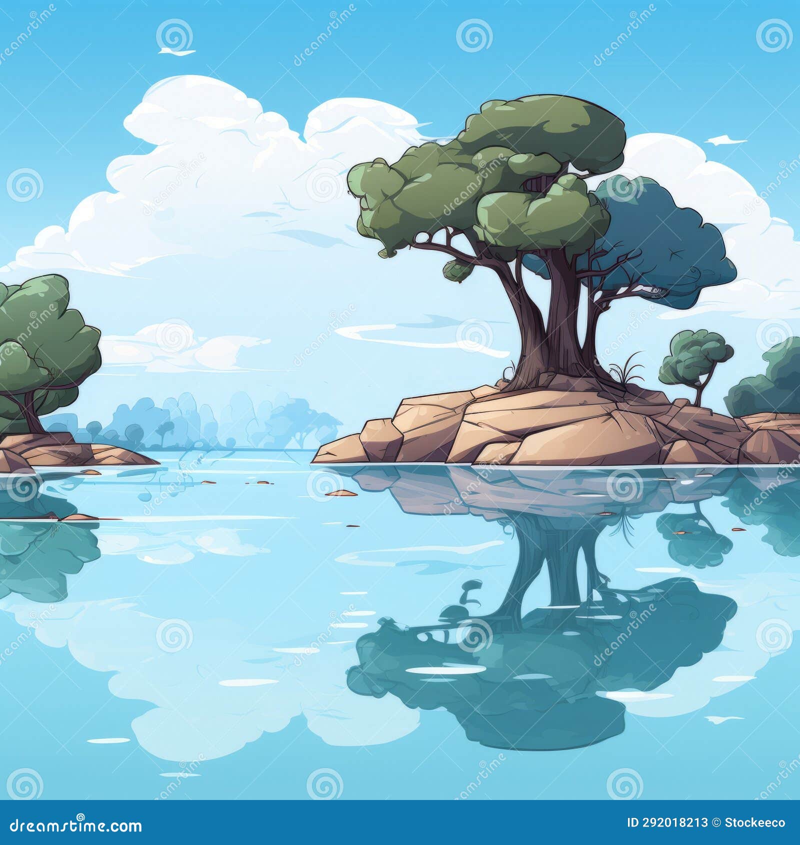 Cartoon Island Landscape with Reflective Water and Trees Stock ...