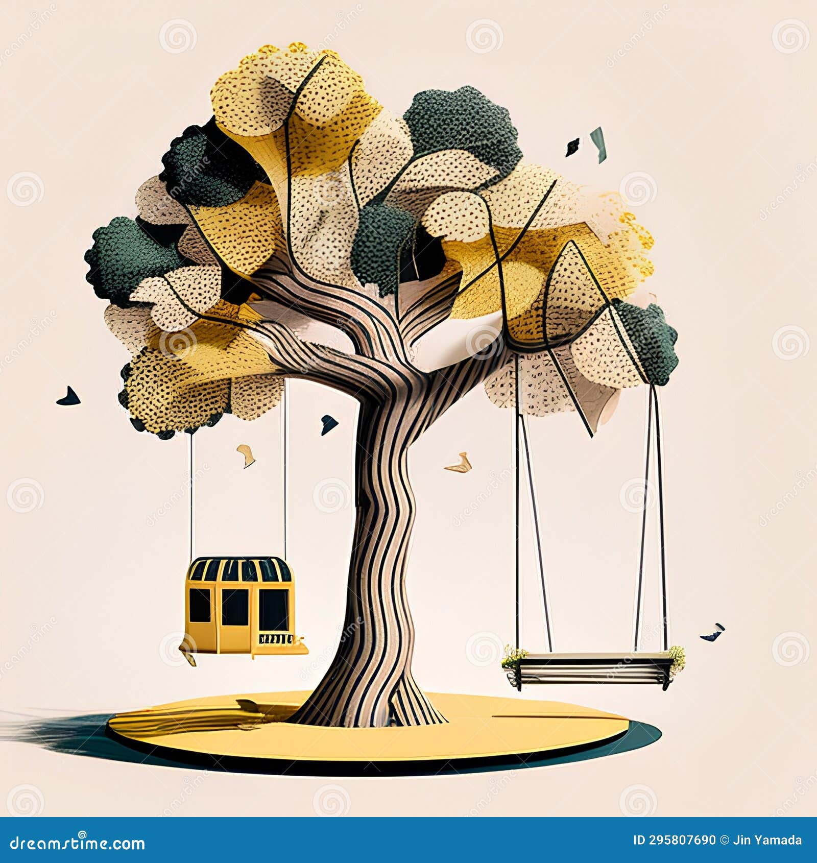 Cartoon Tree with Swing and Bird in the Park. Vector Illustration Stock ...