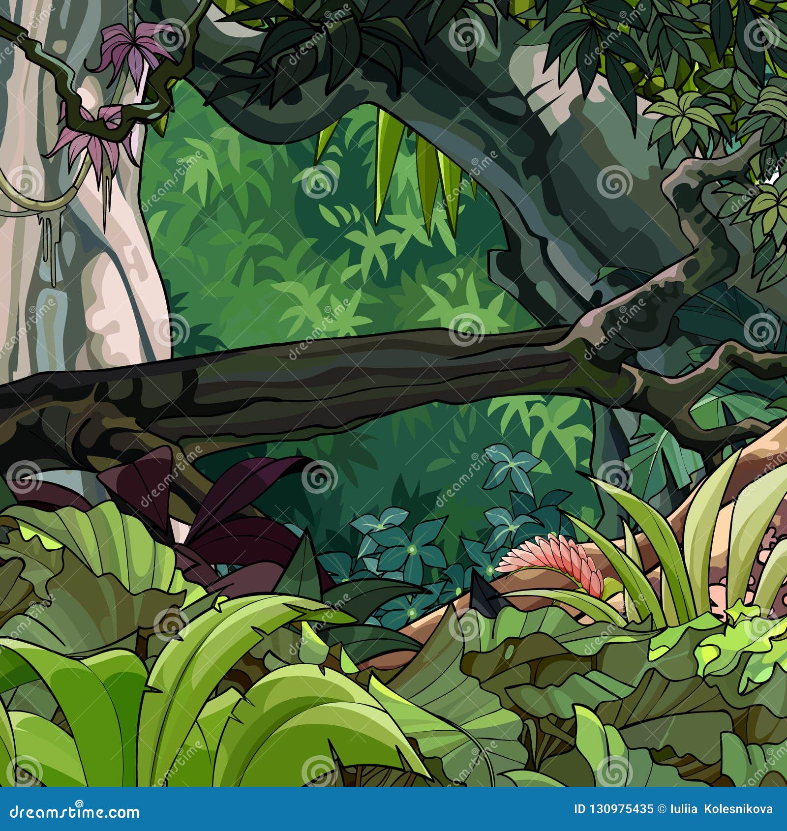 Cartoon Tropical Forest with Trees and Plants Stock Vector ...