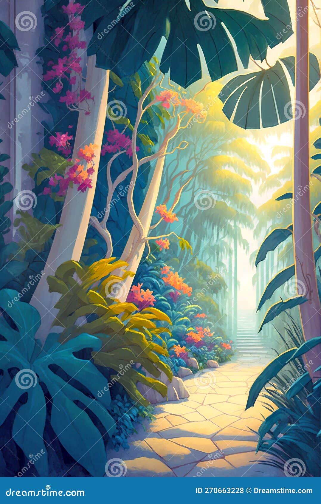 Cartoon Tropical Forest with Walking Path, Jungle Scenery Stock ...