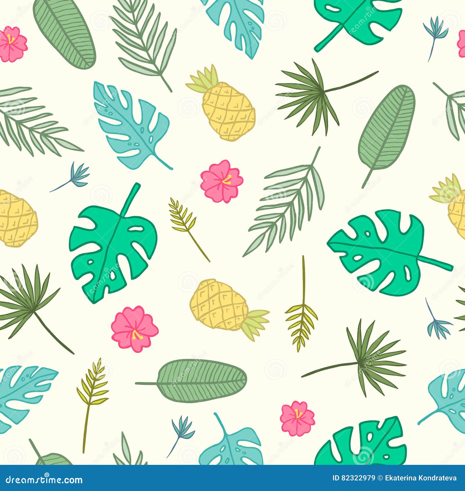 Cartoon Tropical Pattern. Leaves, Palms, Pineapples, Flowers. Stock ...