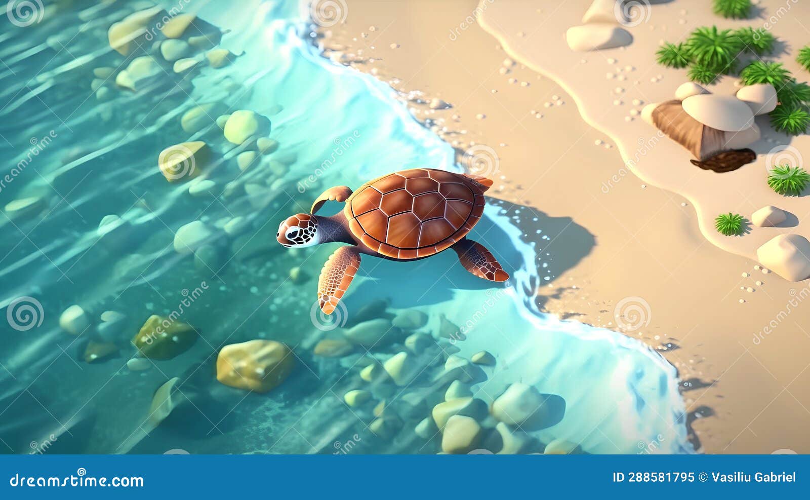 Cartoon Turtle on the Beach Stock Illustration - Illustration of ocean ...