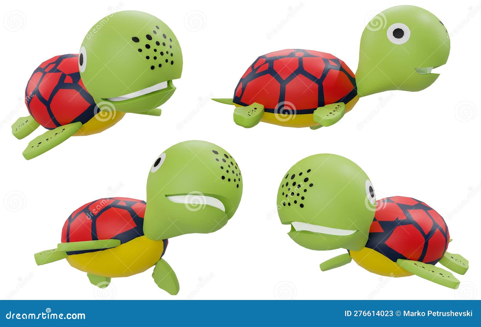 Cartoon Turtle Different Angles Isolated on White Background High ...
