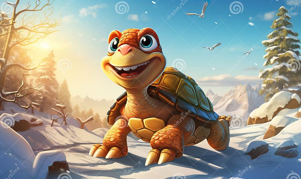Cartoon Turtle Hurries through the Winter Forest. Stock Illustration ...