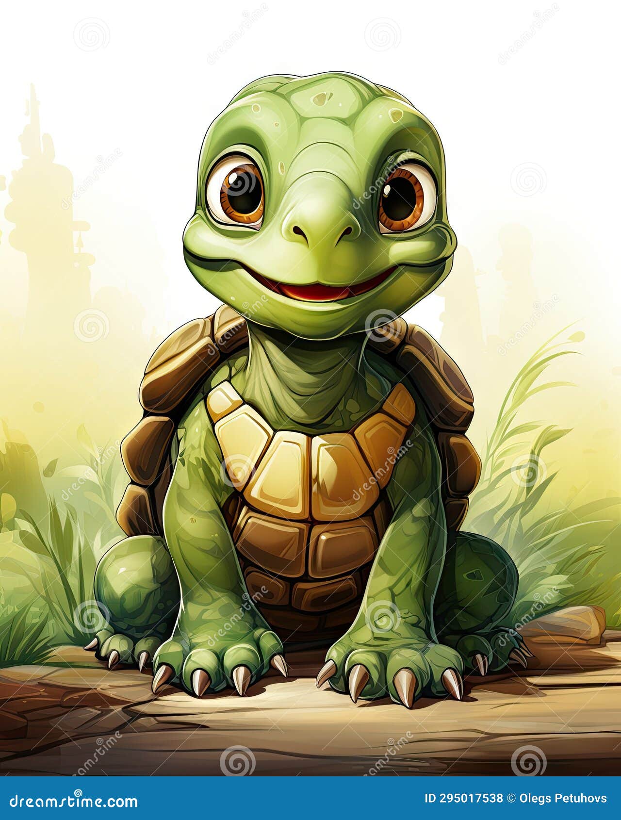 A Cartoon Turtle Sitting on a Log in a Field of Grass. Generative Ai ...