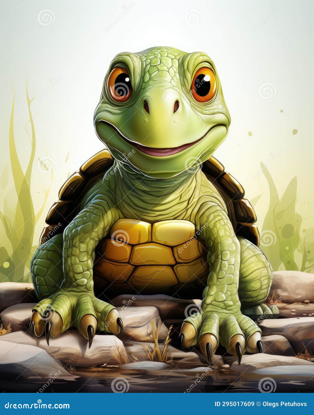 A Cartoon Turtle Sitting on a Rock in the Grass and Looking at the ...