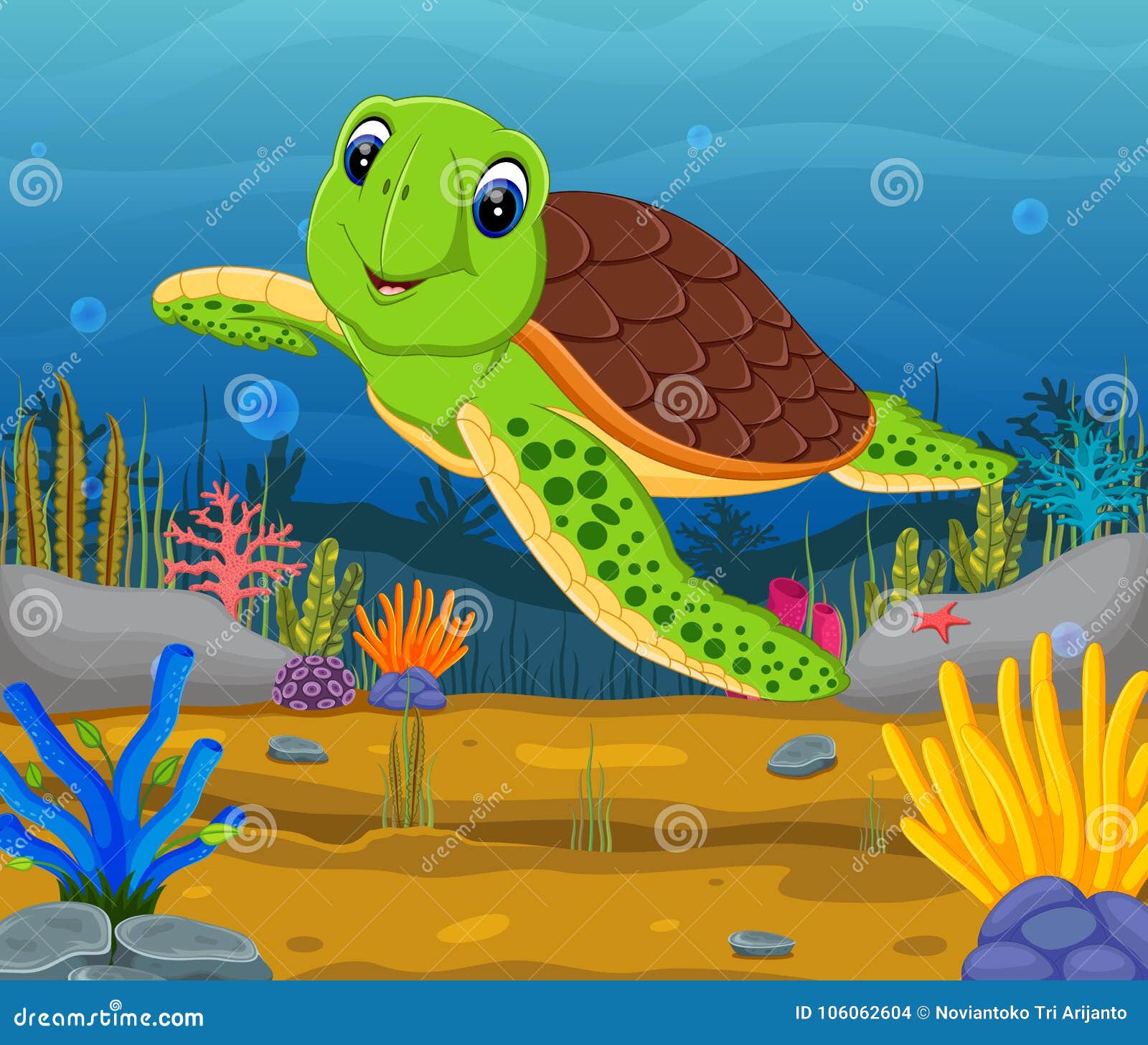 Turtle In Underwater Scene. Tortoise, Seaweeds And Fishes In Ocean ...