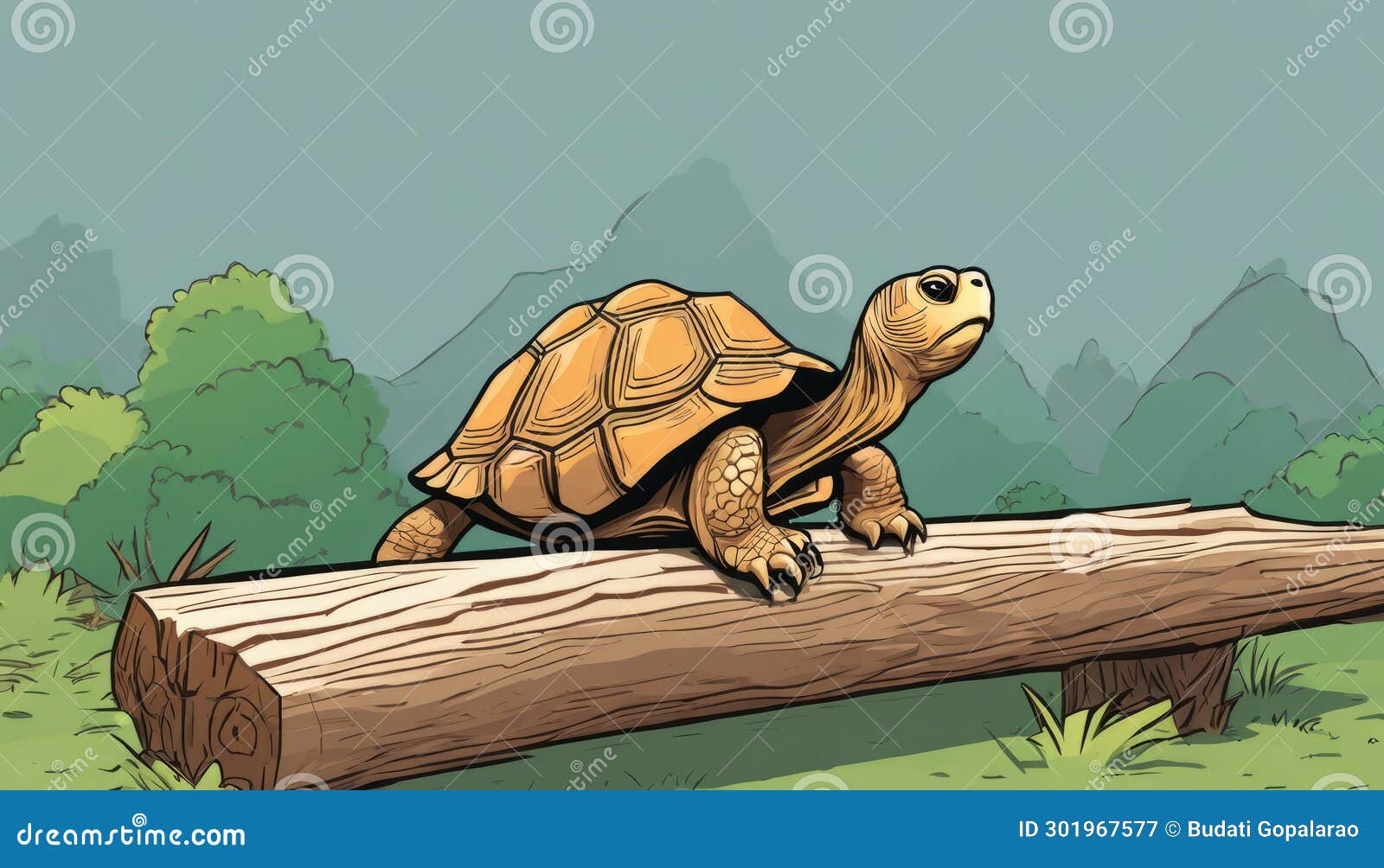 A Cartoon Turtle Walking on a Log Stock Illustration - Illustration of ...