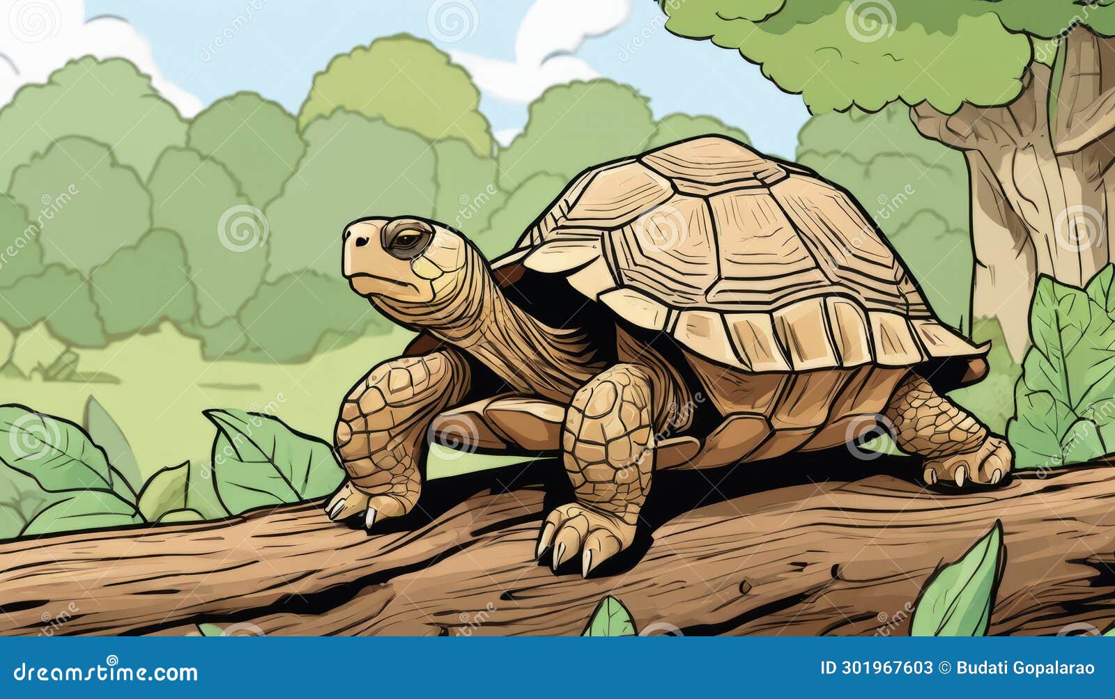 A Cartoon Turtle Walking on a Log Stock Illustration - Illustration of ...