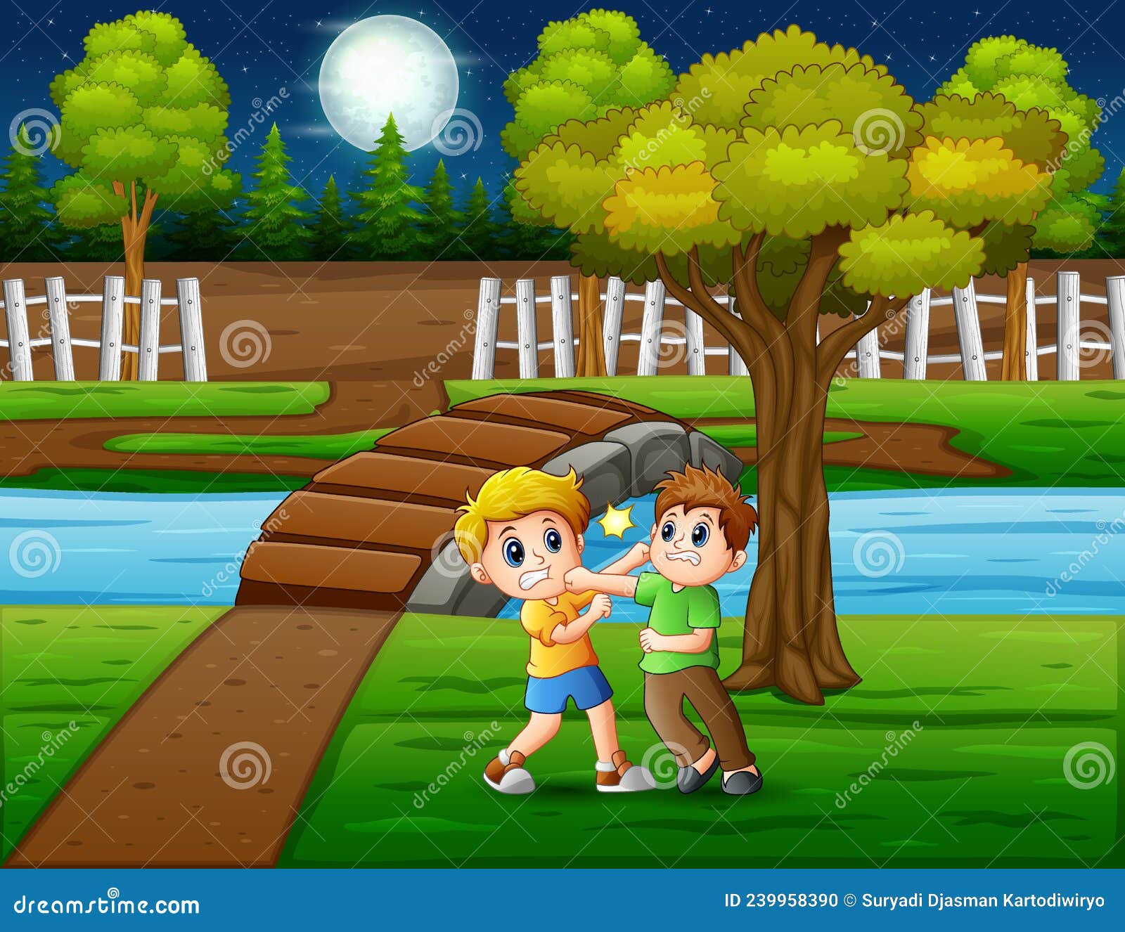 Cartoon of Two Boys Fighting at Night Stock Illustration - Illustration ...