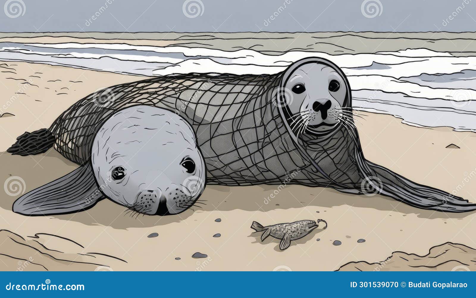 A Cartoon of Two Seals on the Beach Stock Illustration - Illustration ...
