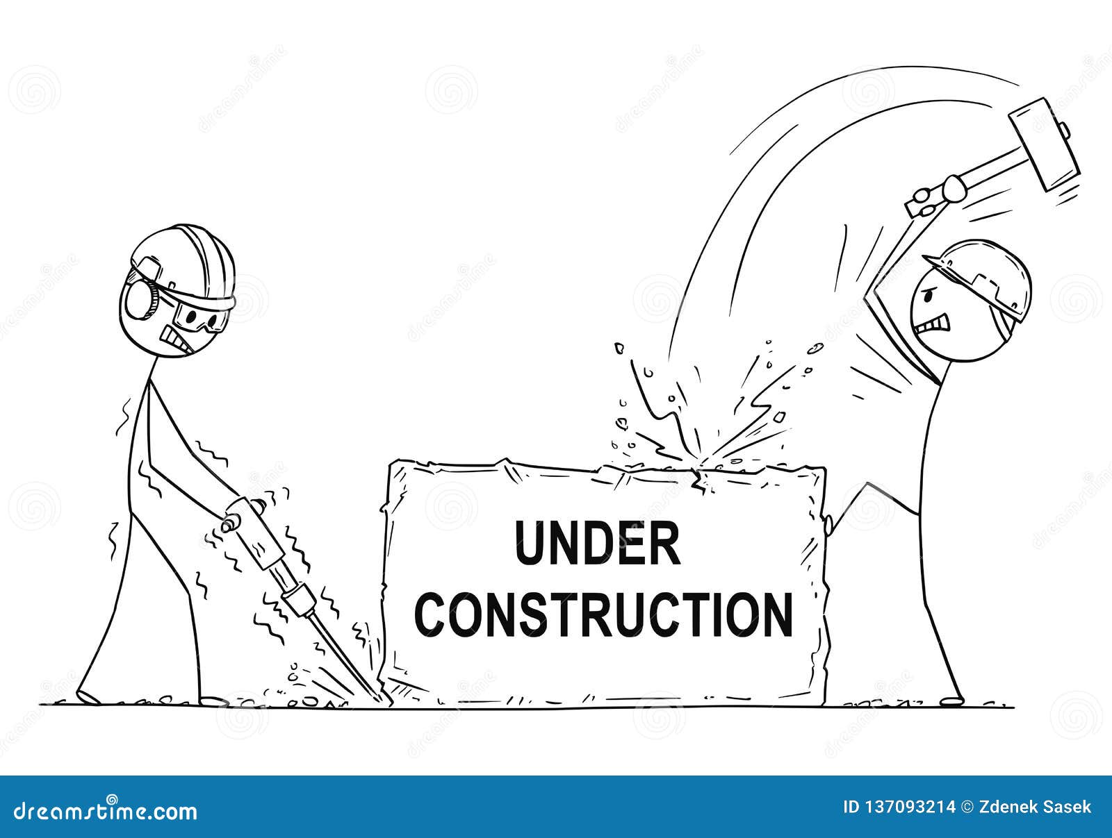 Cartoon of Two Workmen or Labourers Working with Hammer and Drill on ...