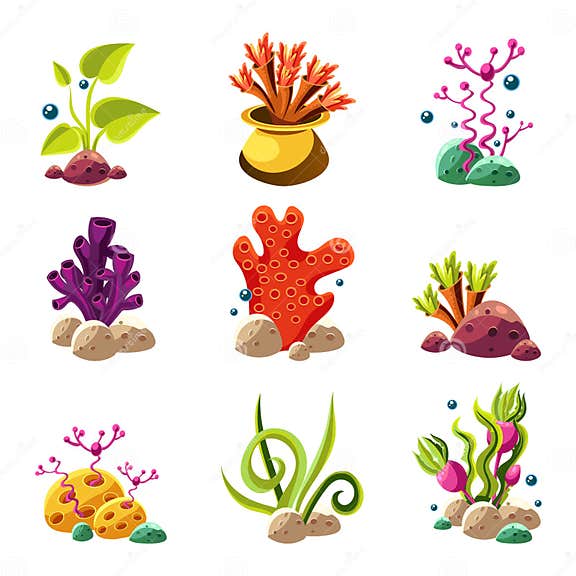 Cartoon Underwater Plants and Creatures Stock Vector - Illustration of ...