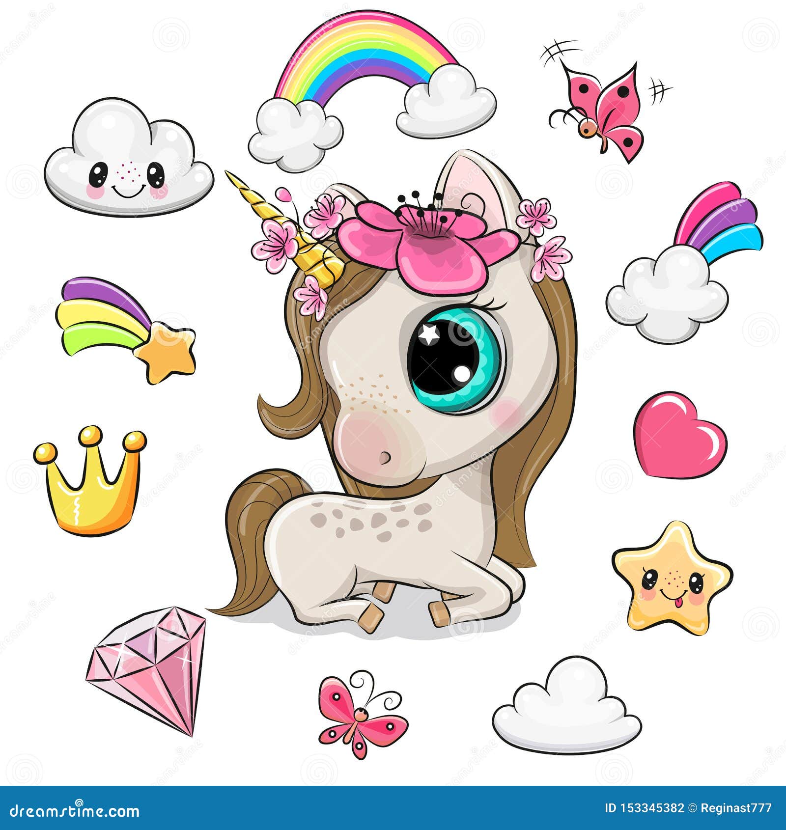 Cartoon Unicorn Girl and Set of Cute Design Elements Stock Vector ...