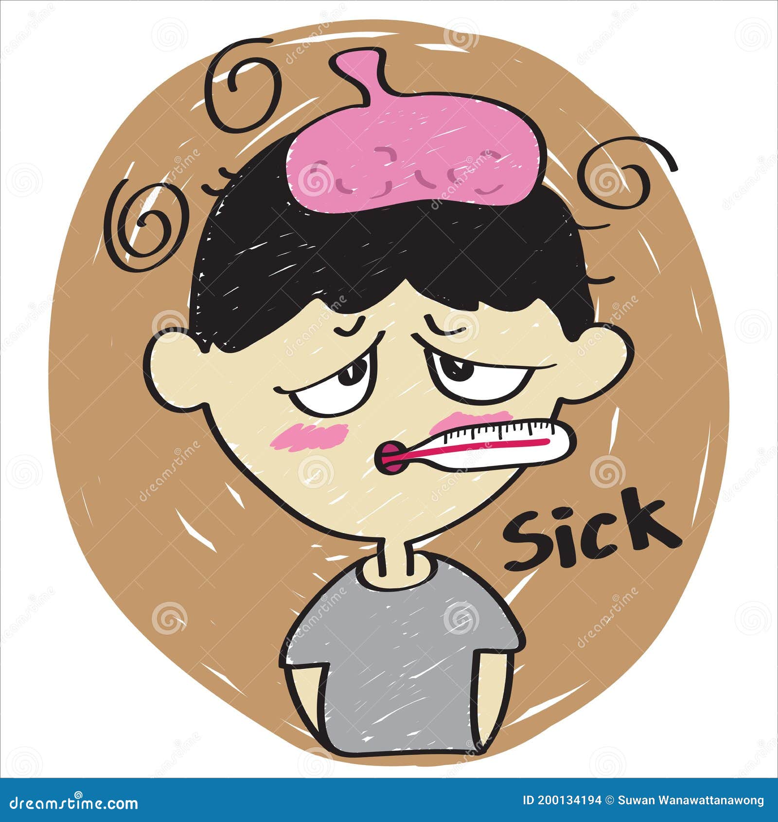 Cartoon Vector Boy is Sick and Checking Fever. Freehand Drawing Style ...