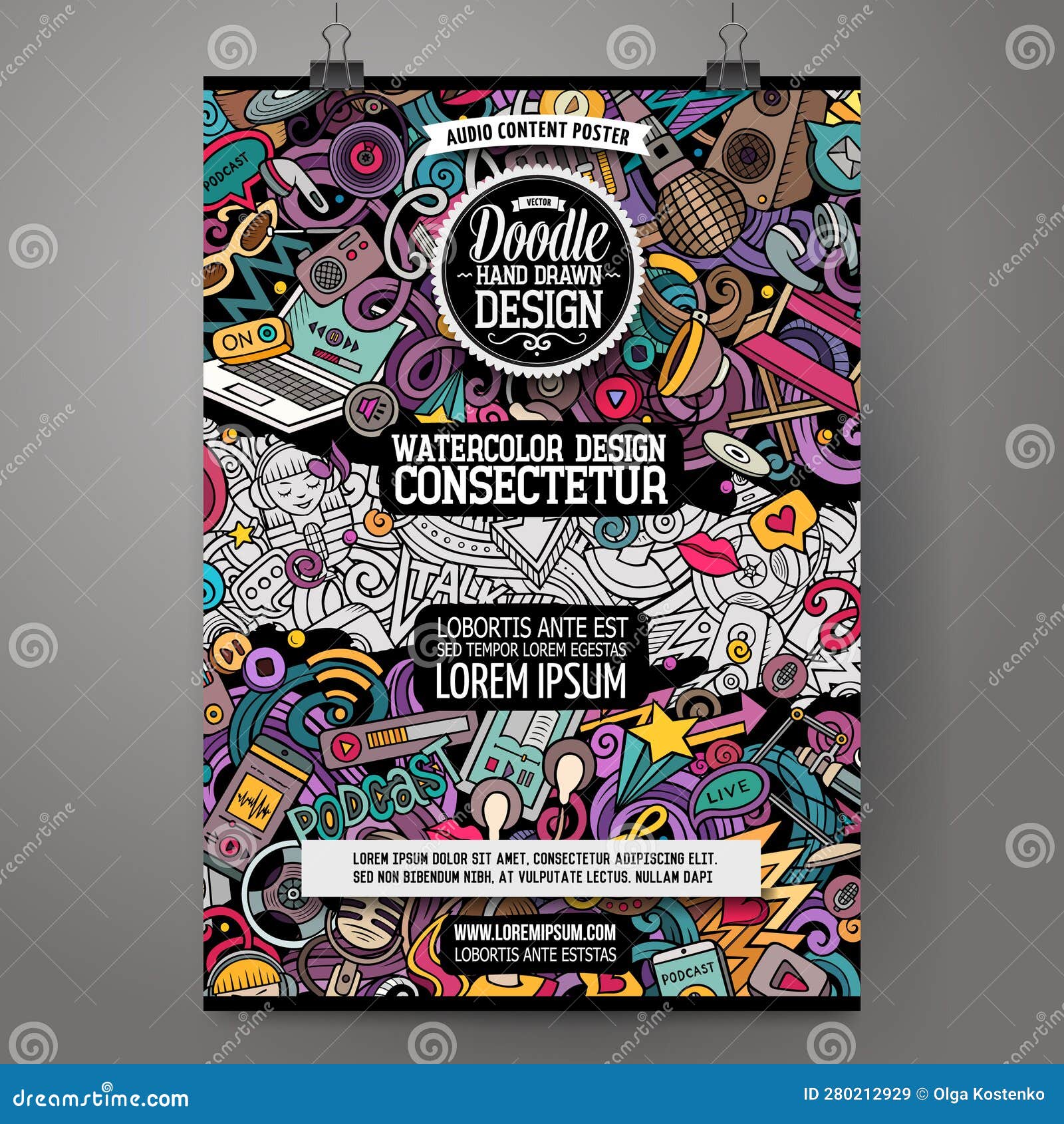 Cartoon Vector Doodle Audio Content Poster Stock Vector - Illustration ...