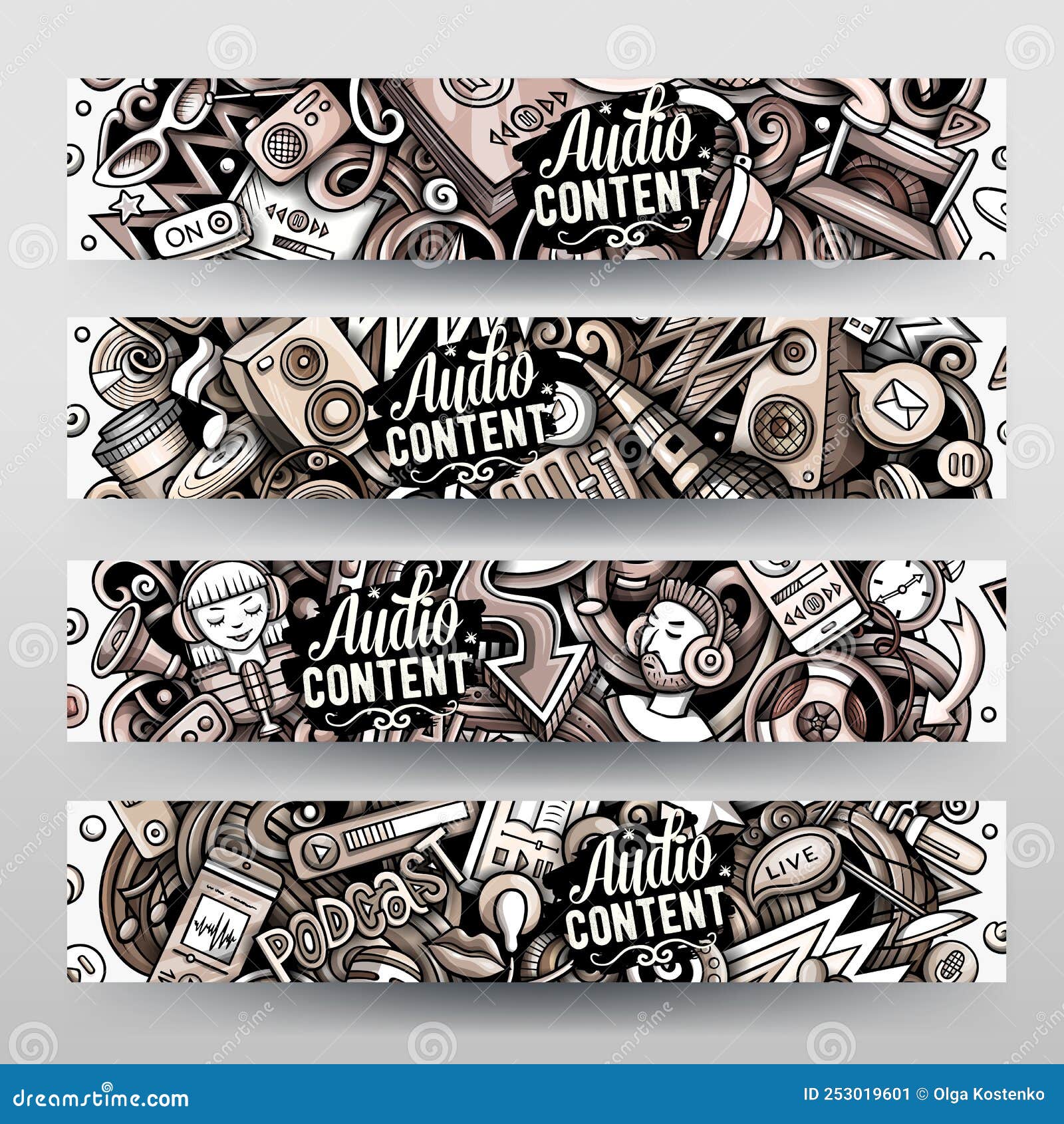 Cartoon Vector Doodle Set of Audio Content Banners Stock Vector ...