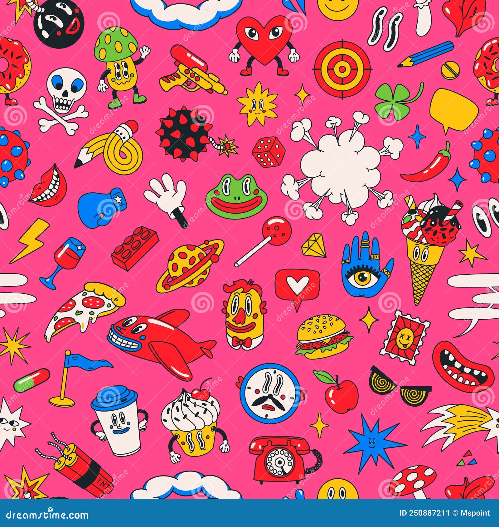 Cartoon Vector Funny Cute Comic Characters, Seamless Pattern. Stock ...