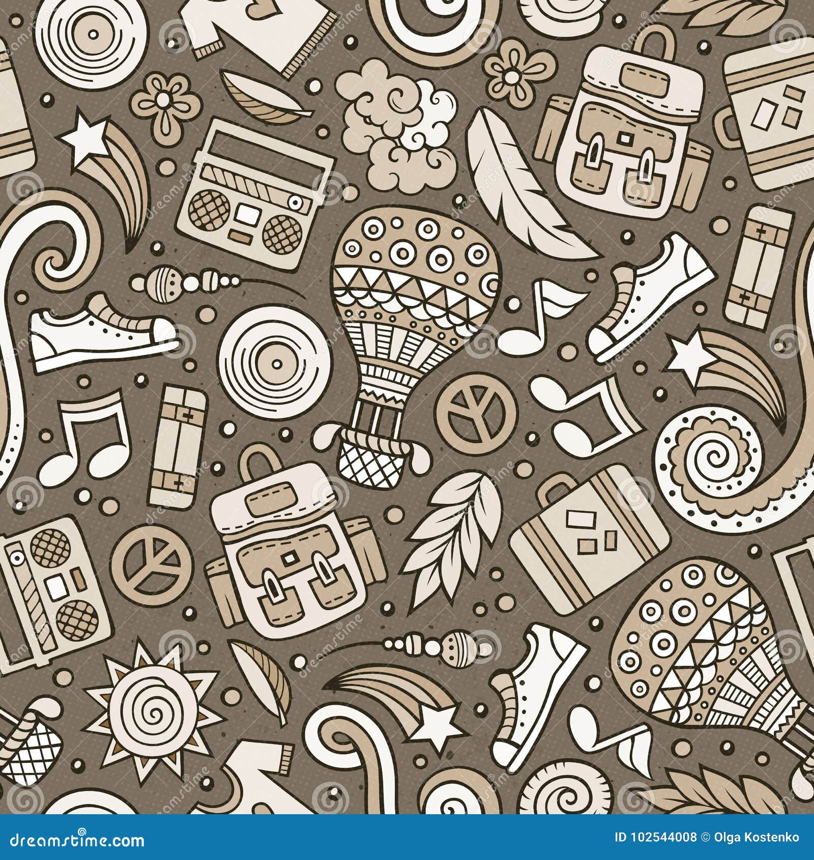 Cartoon Vector Hippie Seamless Pattern Stock Vector - Illustration of ...