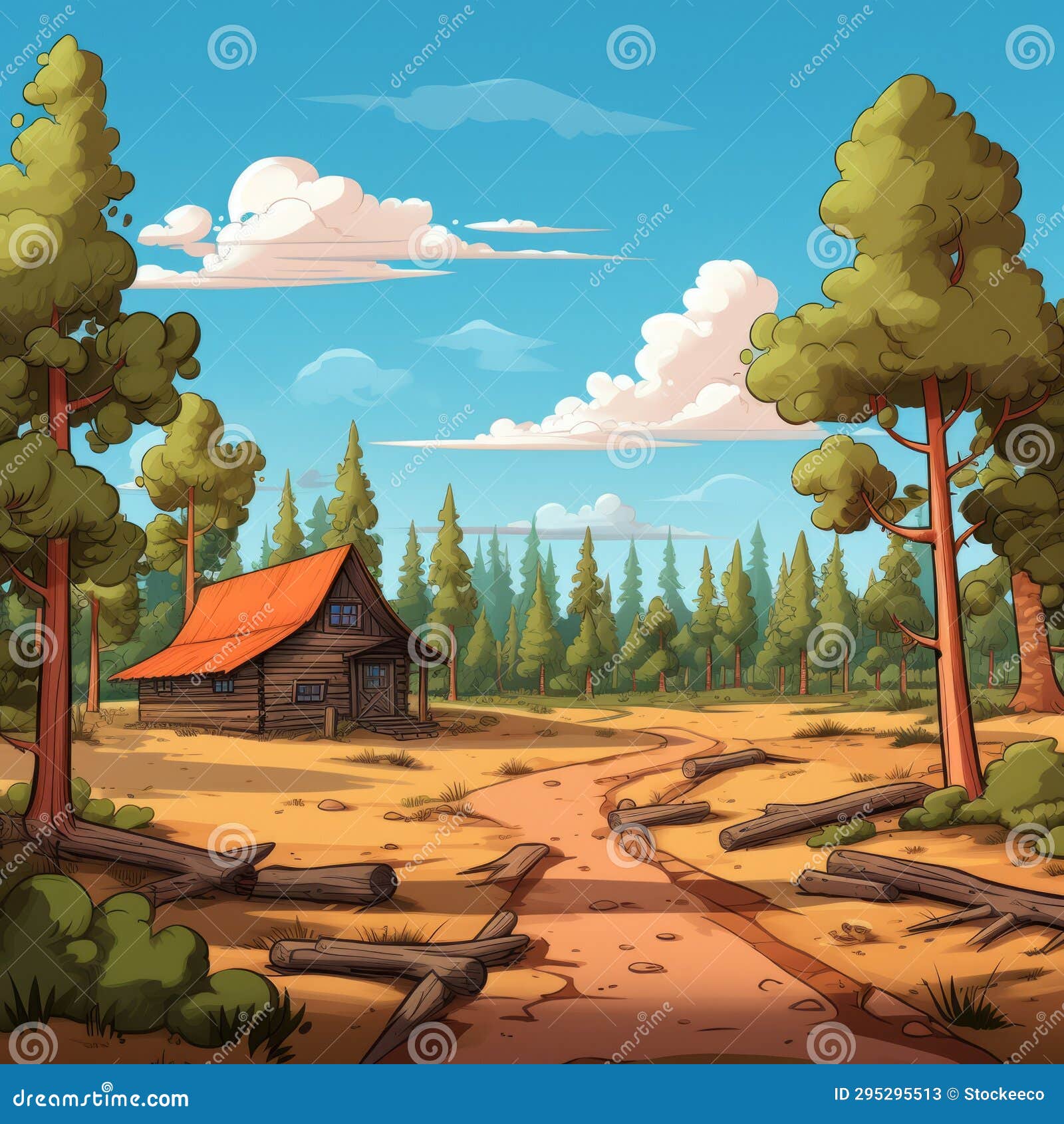Cartoon Cabin in Desolate Forest Landscape with Blue Sky Stock ...
