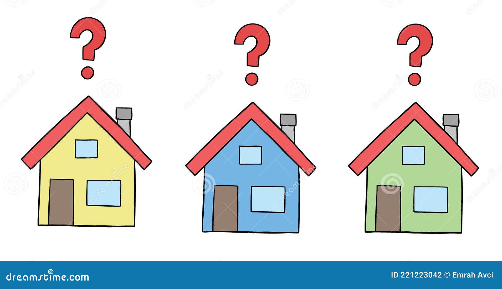 Cartoon Vector Illustration of Three Houses with Question Marks Stock ...