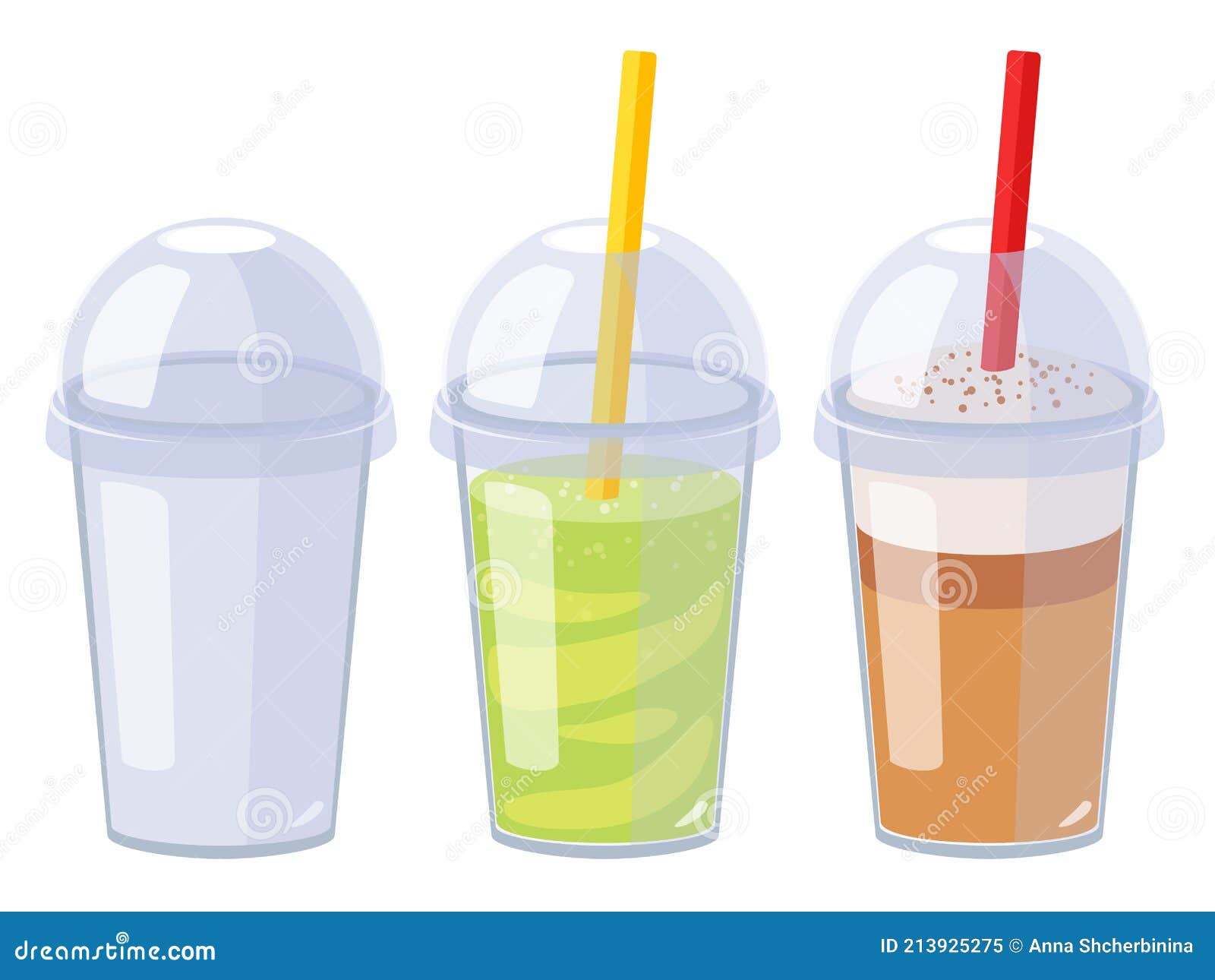 Cartoon Vector Set of Plastic Cups. Empty Cup with Lid, Matcha Cocktail ...
