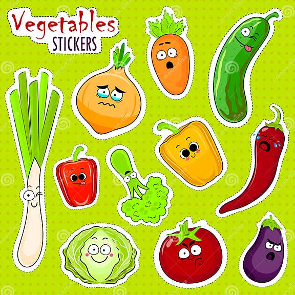 Cartoon Vegetable Cute Characters Face Stickers Stock Vector