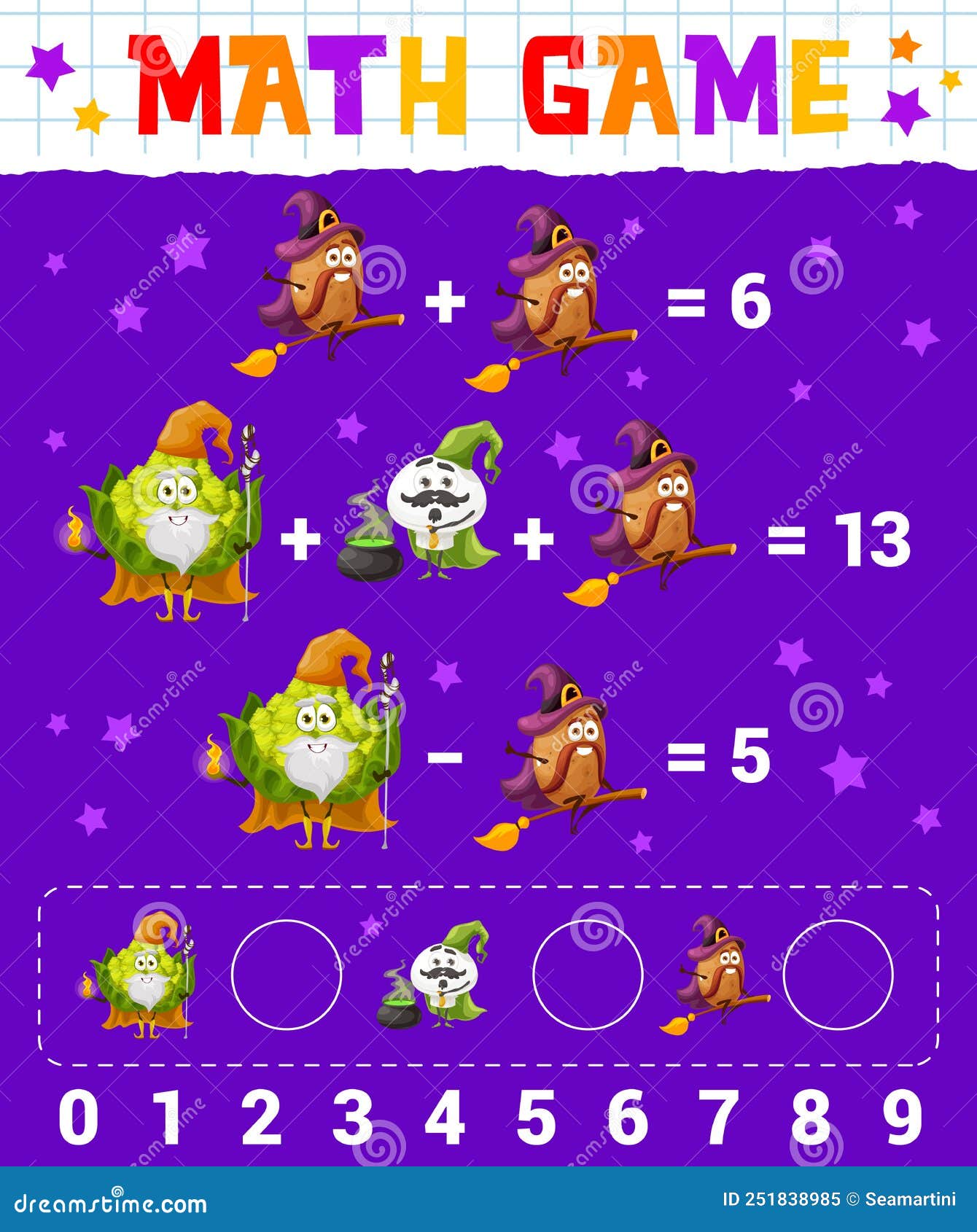Cartoon Vegetables Wizard Characters Math Game Stock Vector ...