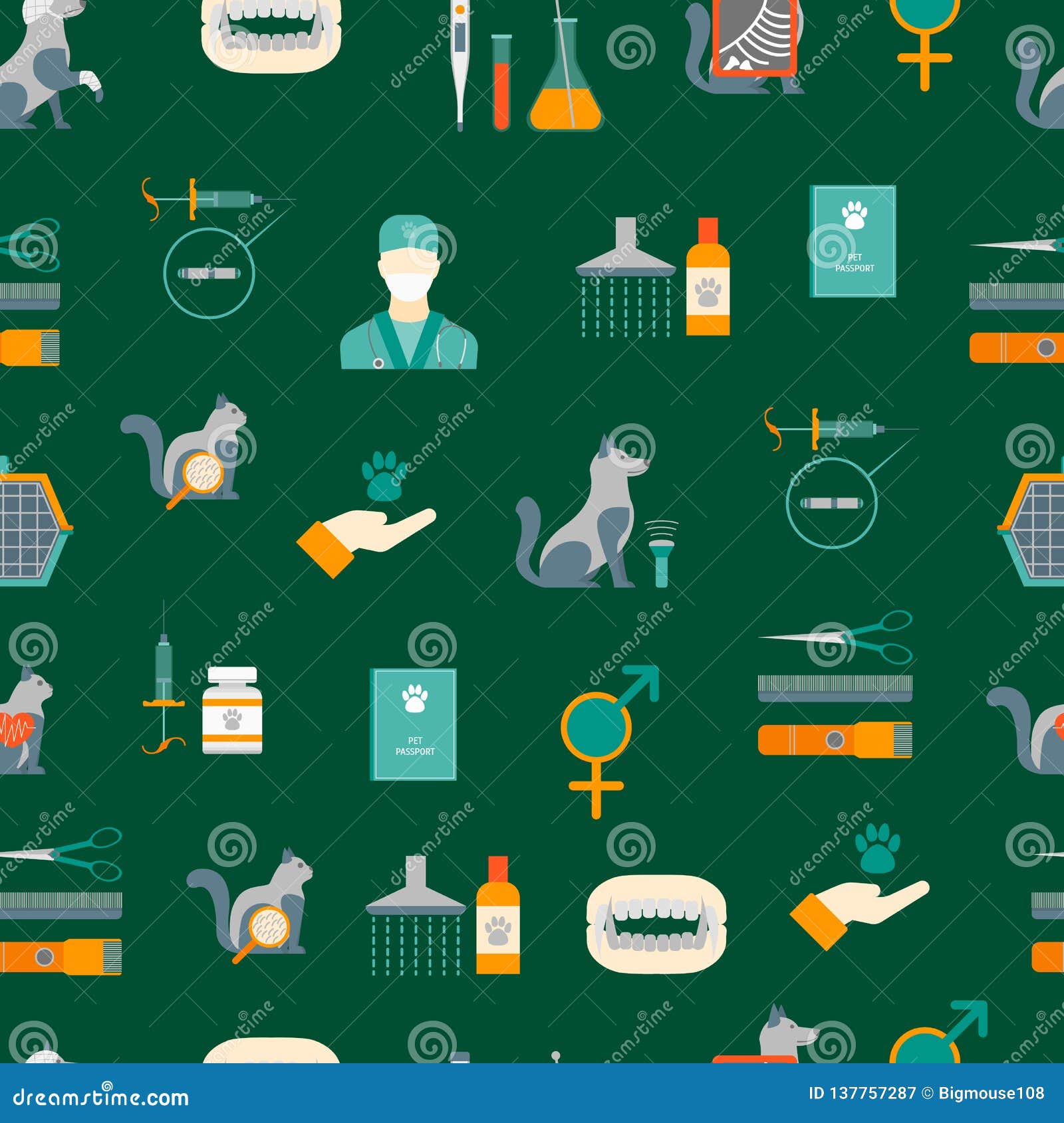 Cartoon Veterinary and Grooming Seamless Pattern Background. Vector ...