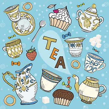 Cartoon Victorian tea set stock vector. Illustration of black - 23293344