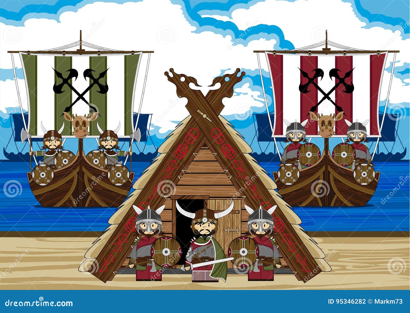 Cartoon Viking Warrior and Longship Stock Vector - Illustration of ...